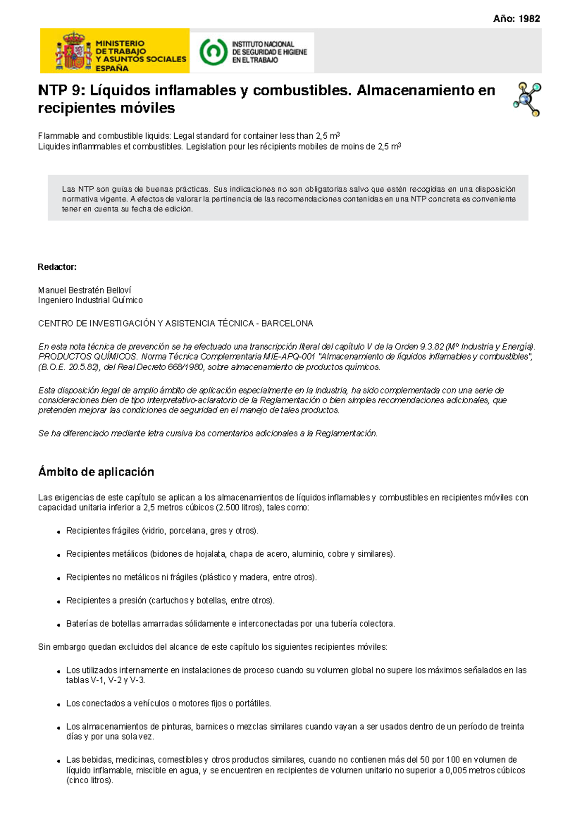 Ntp 009 - Seguridad ocupacional - NTP 9: Líquidos inflamables y ...