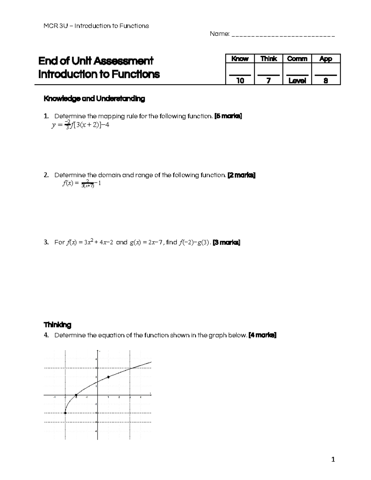 11UFunc Assignment - MCR 3U – Introduction to Functions Name: __________________________ End of ...