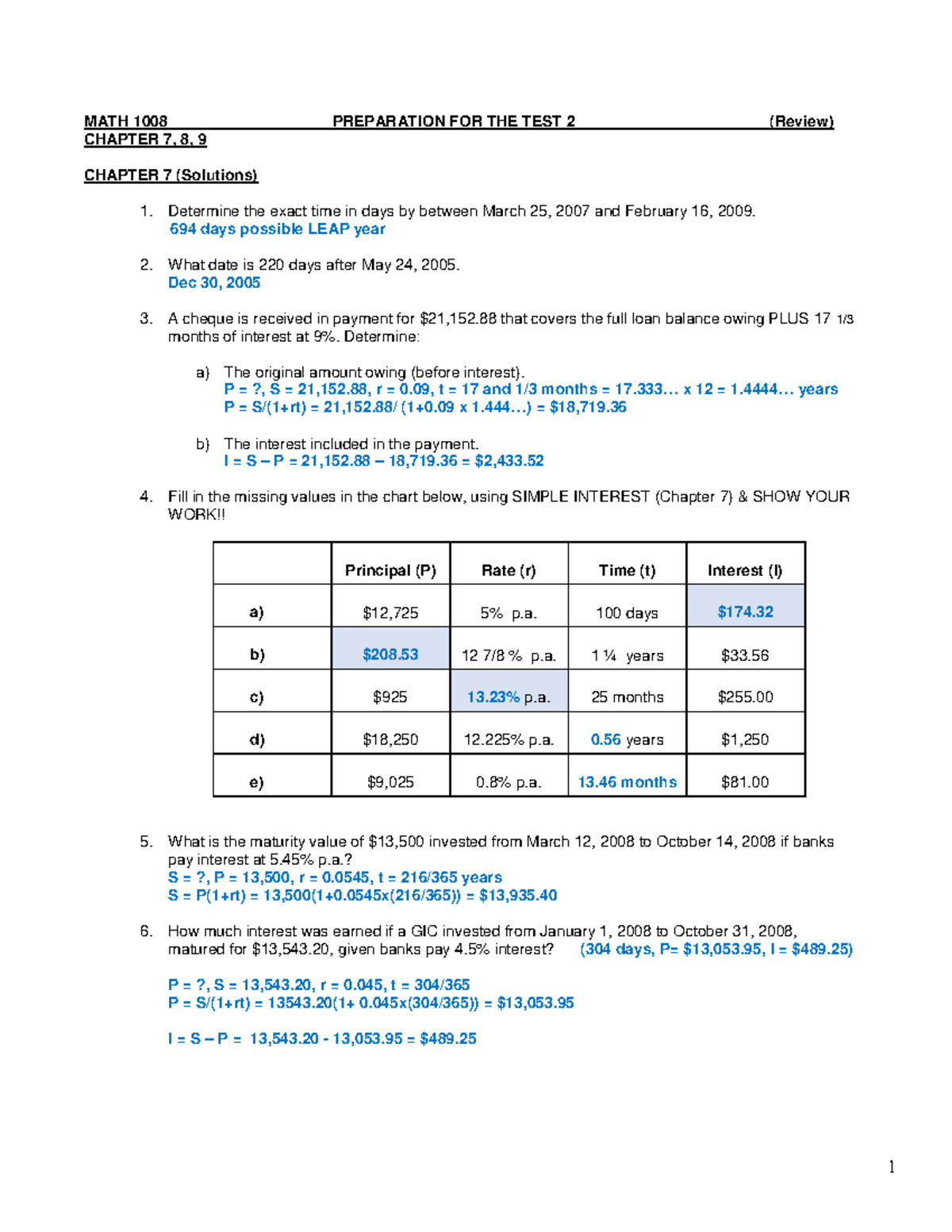 TEST 2 - Chpt 7,8,9 (with solns) - MATH 1008 PREPARATION FOR THE TEST 2 ...