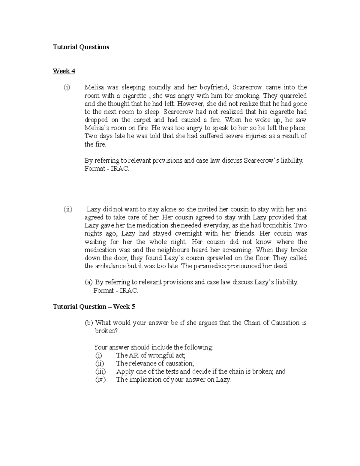 382184 Tutorial Questions Week 4 and Week 5 - Tutorial Questions Week 4 ...
