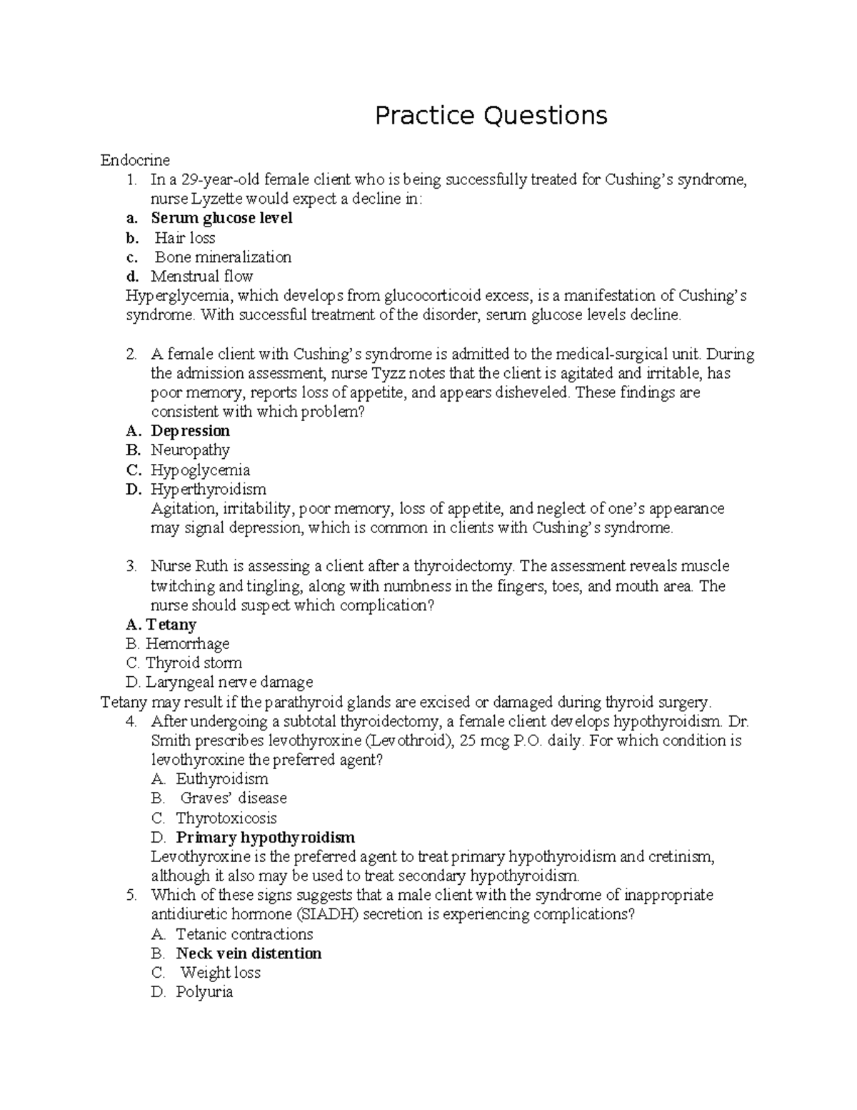 Practice Questions (Adult Health II) - Practice Questions Endocrine 1 ...
