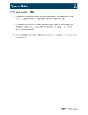 Types of Matter Pre-Lab - PRE-LAB QUESTIONS Name two homogeneous ...