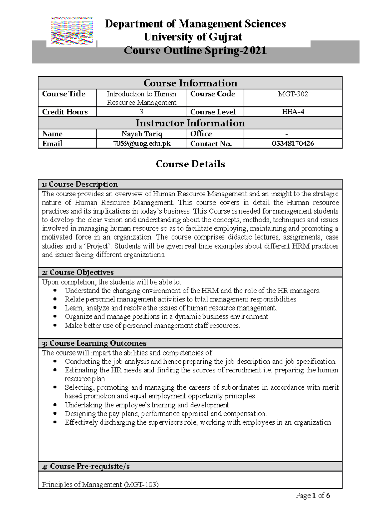 MGT-302 - Yes - Course Information Course Title Introduction to Human ...