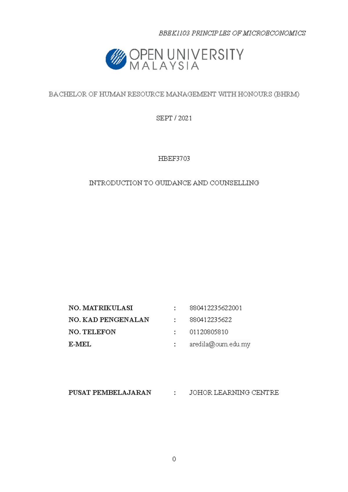 HBEF3703 Intorduction TO Guidance AND Counselling - BACHELOR OF HUMAN ...