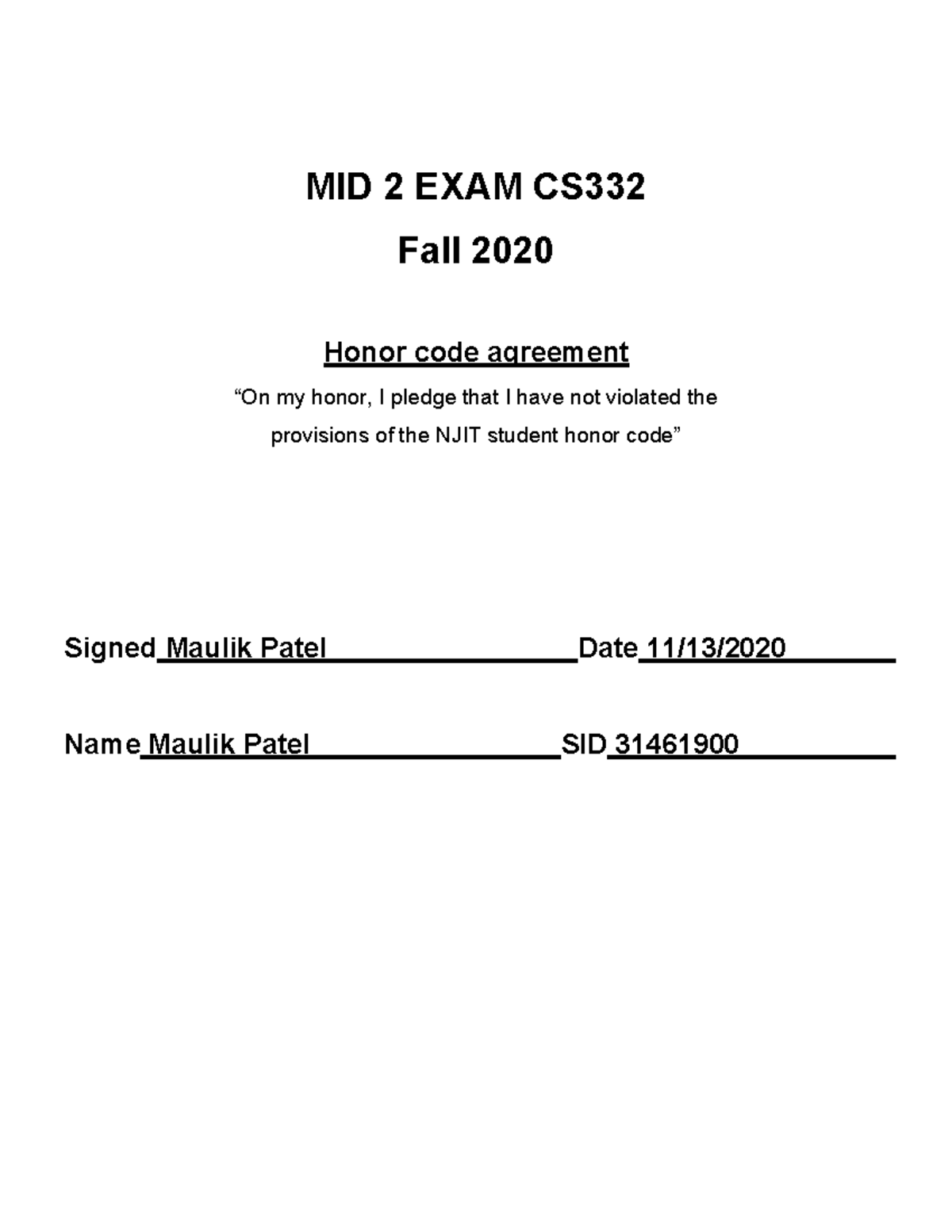 CS332 Mid Term 2 Exam - CS 332 NJIT HW 1 - MID 2 EXAM CS Fall 2020 ...