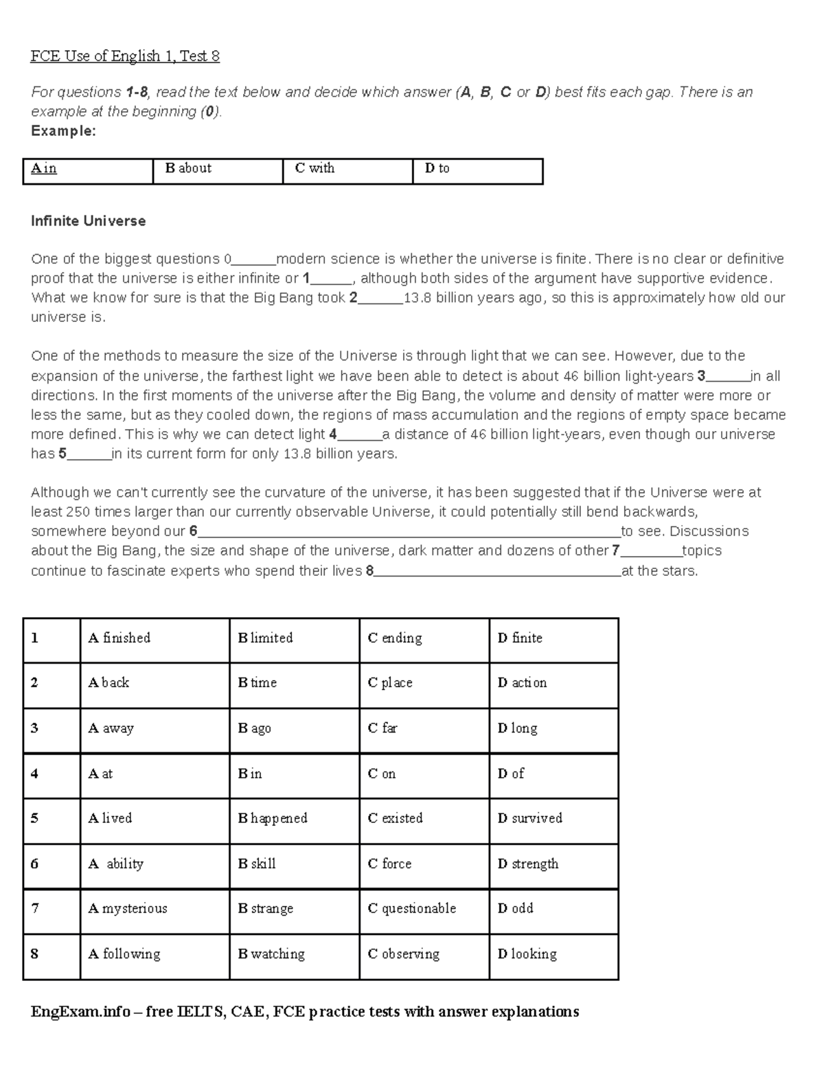 FCE Use of English Part 1, Set 8 - For questions 1-8, read the text ...