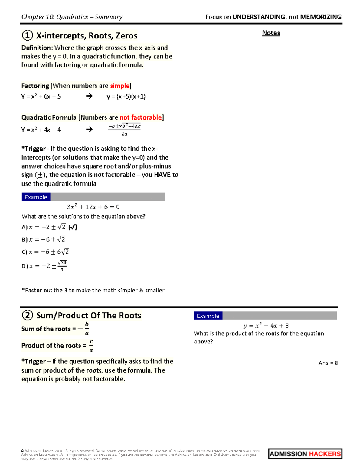 28. Quadratics Summary - © AdmissionHackers - All rights reserved. Do ...