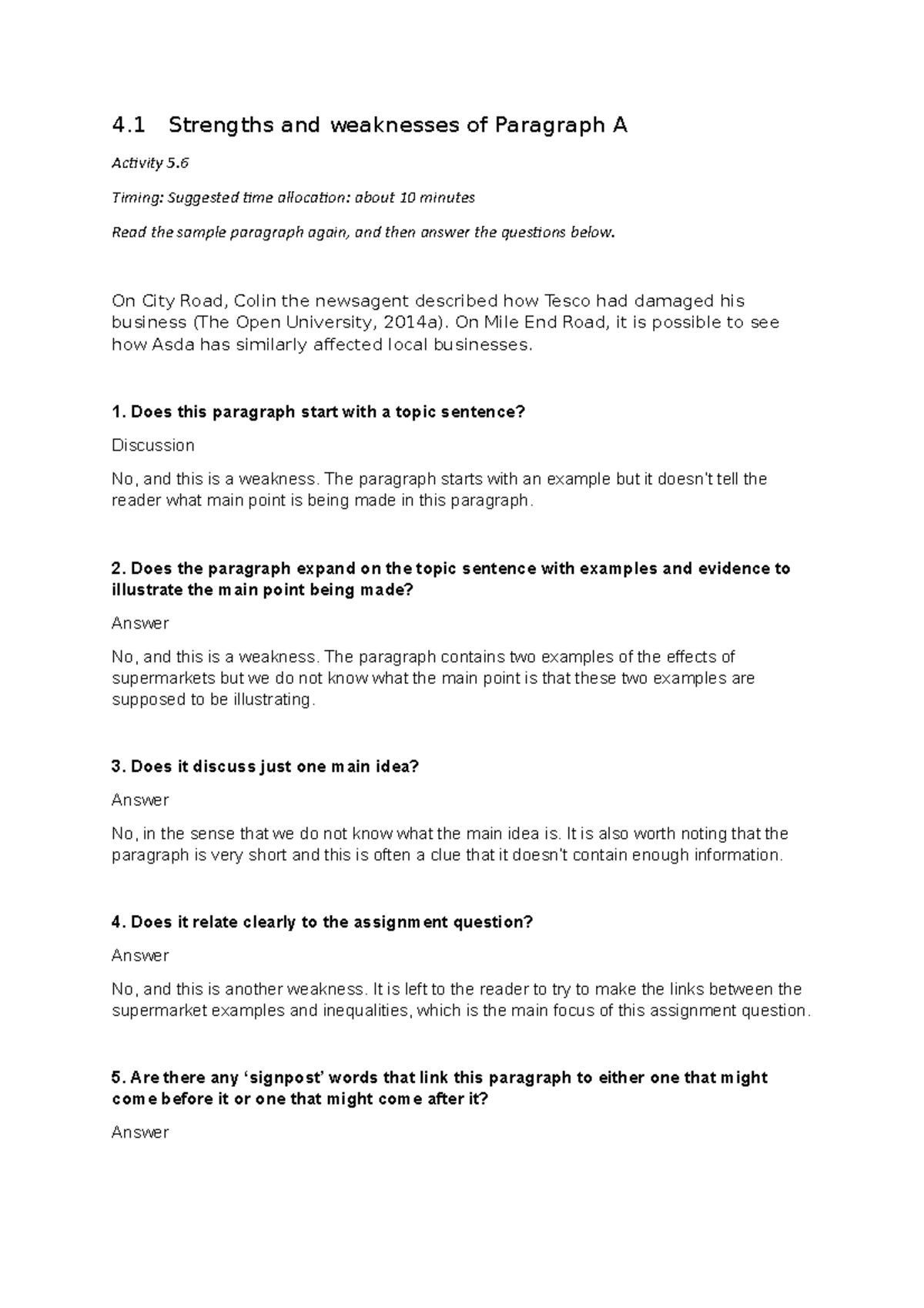 DD102 week 5 - 4.1 strengths and weaknesses of paragraph A - 4 ...