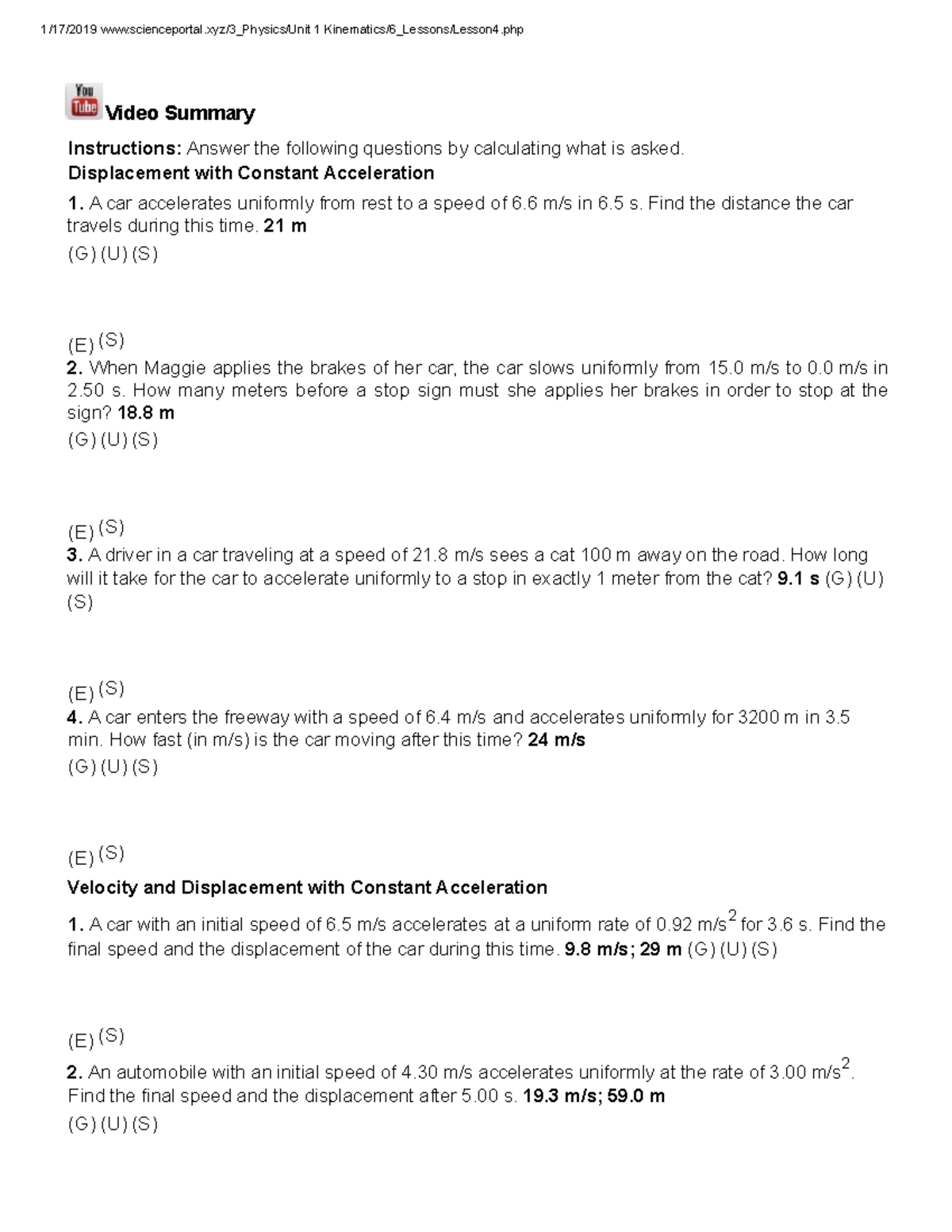 Kinematics Practice - 1/17/2019 scienceportal/3_Physics/Unit 1 Kinem ...