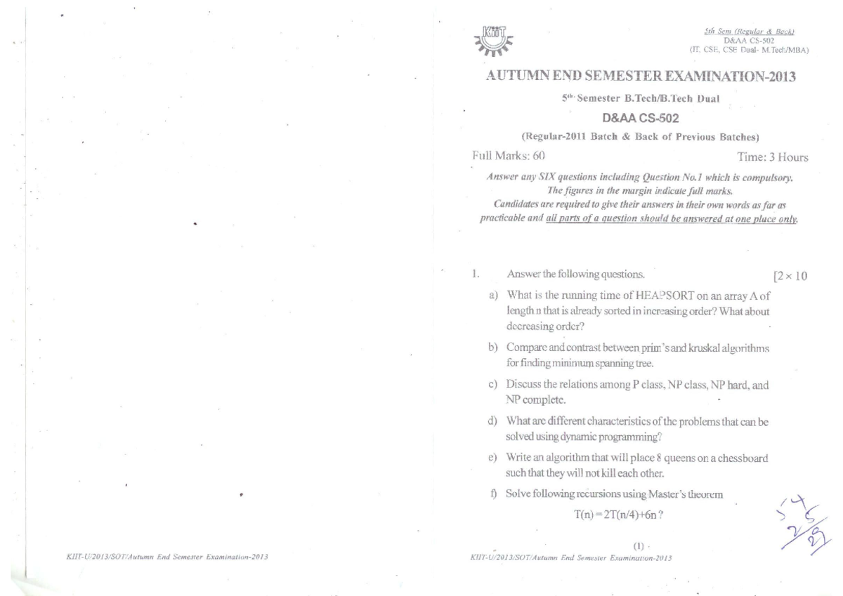 2013 DAA END- Regular - notes - Design And Analysis Of Algorithms - Studocu