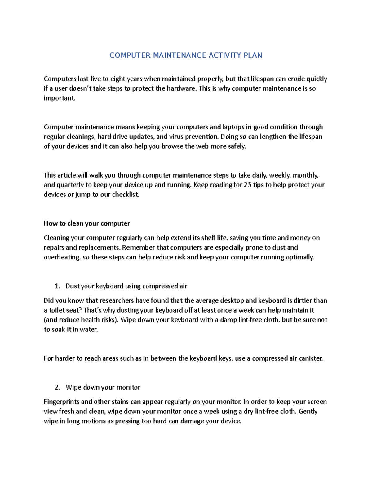 Computer Maintenance Activity Plan - COMPUTER MAINTENANCE ACTIVITY PLAN ...