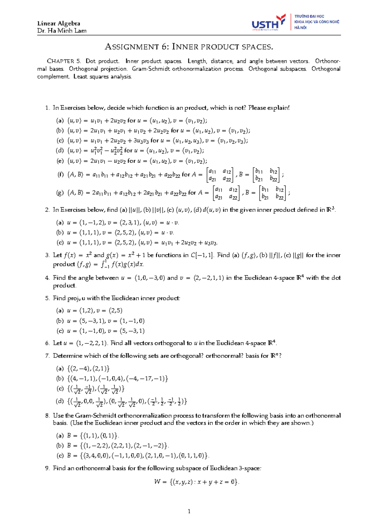Asignment 6 Inner product spaces - Linear Algebra Dr. Ha Minh Lam ...