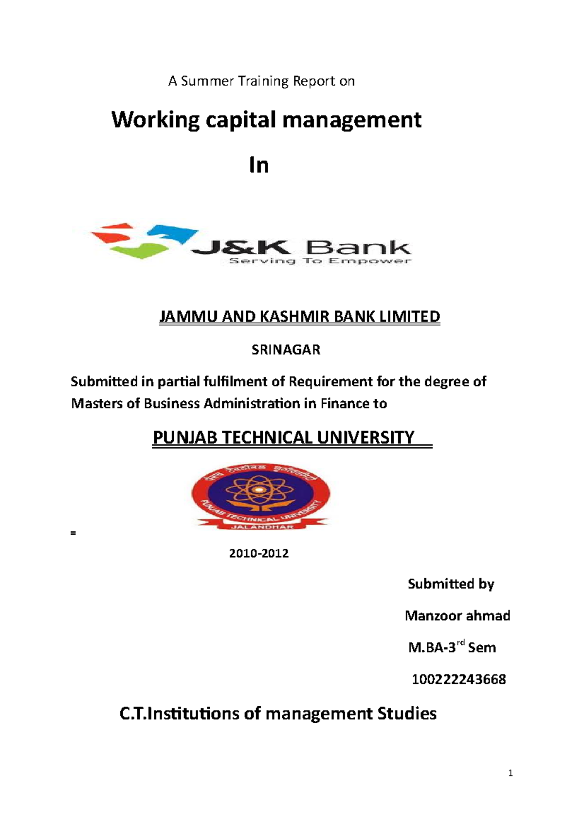 Dokumen - Project - A Summer Training Report on Working capital ...