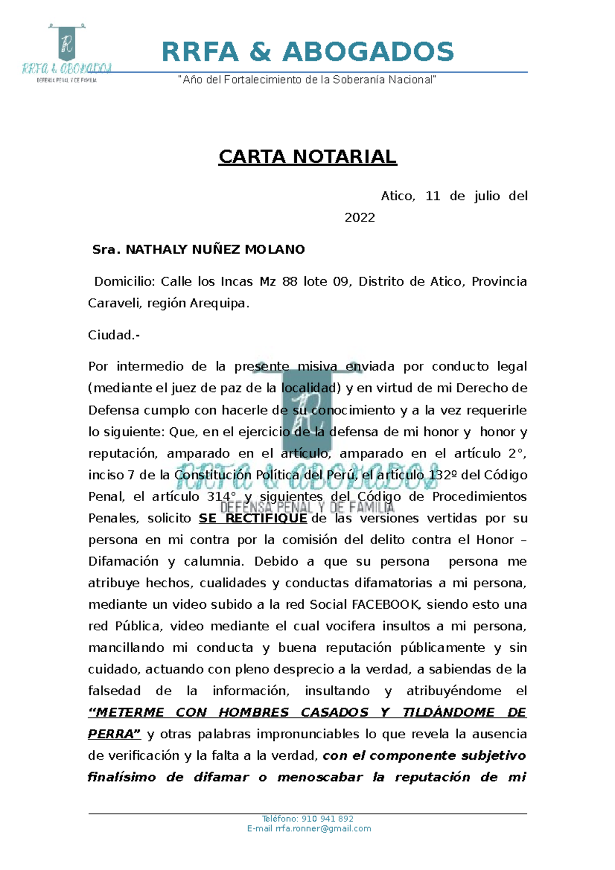 Carta notarial - modelos - “Año del Fortalecimiento de la Soberanía ...