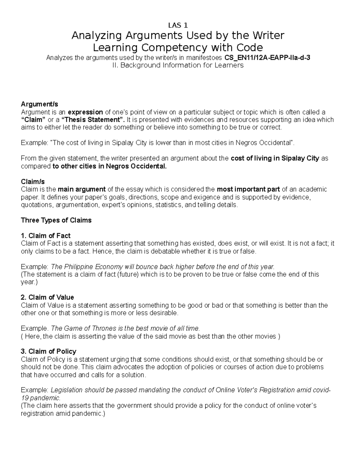 LAS-1 - this will help - LAS 1 Analyzing Arguments Used by the Writer ...