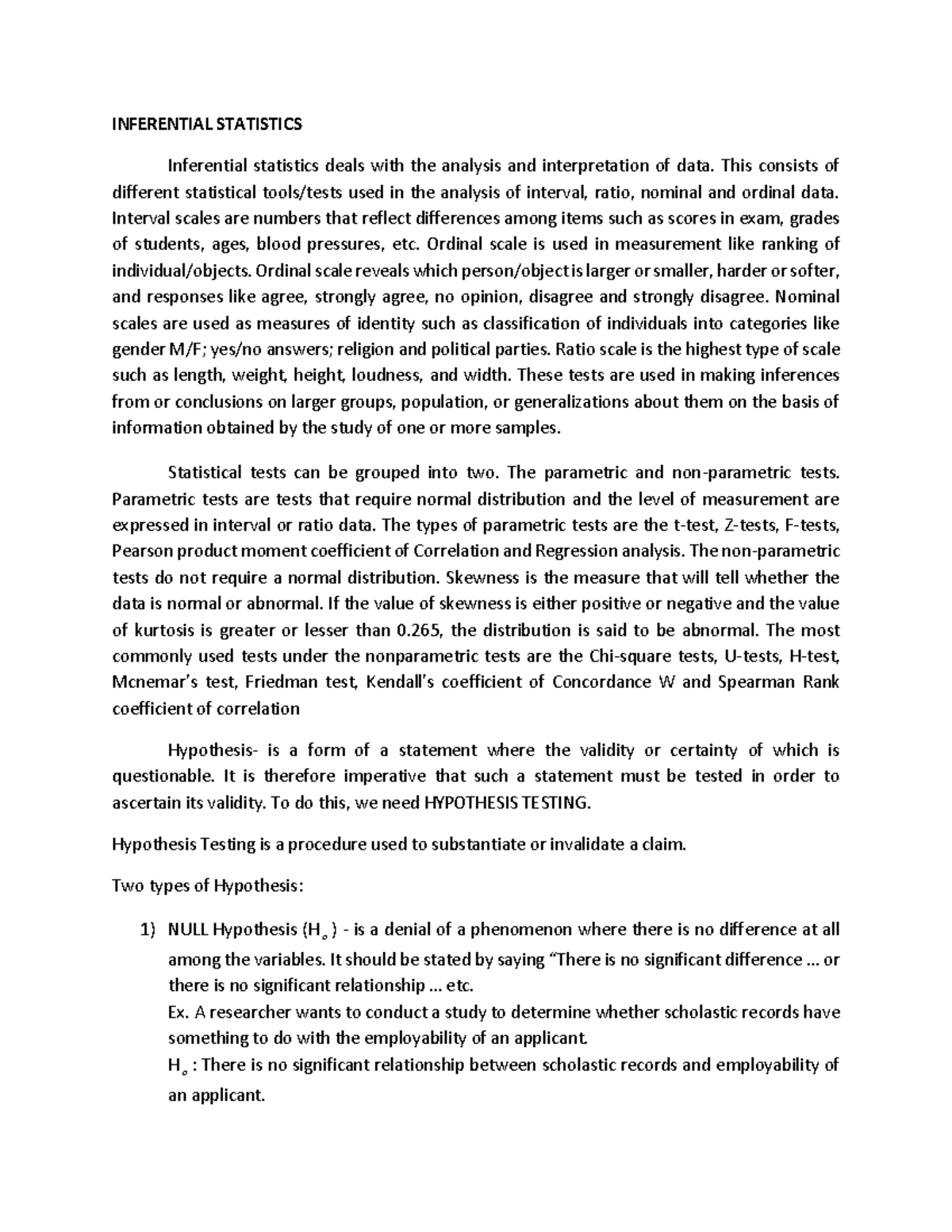 Inferential-Statistics - INFERENTIAL STATISTICS Inferential statistics ...