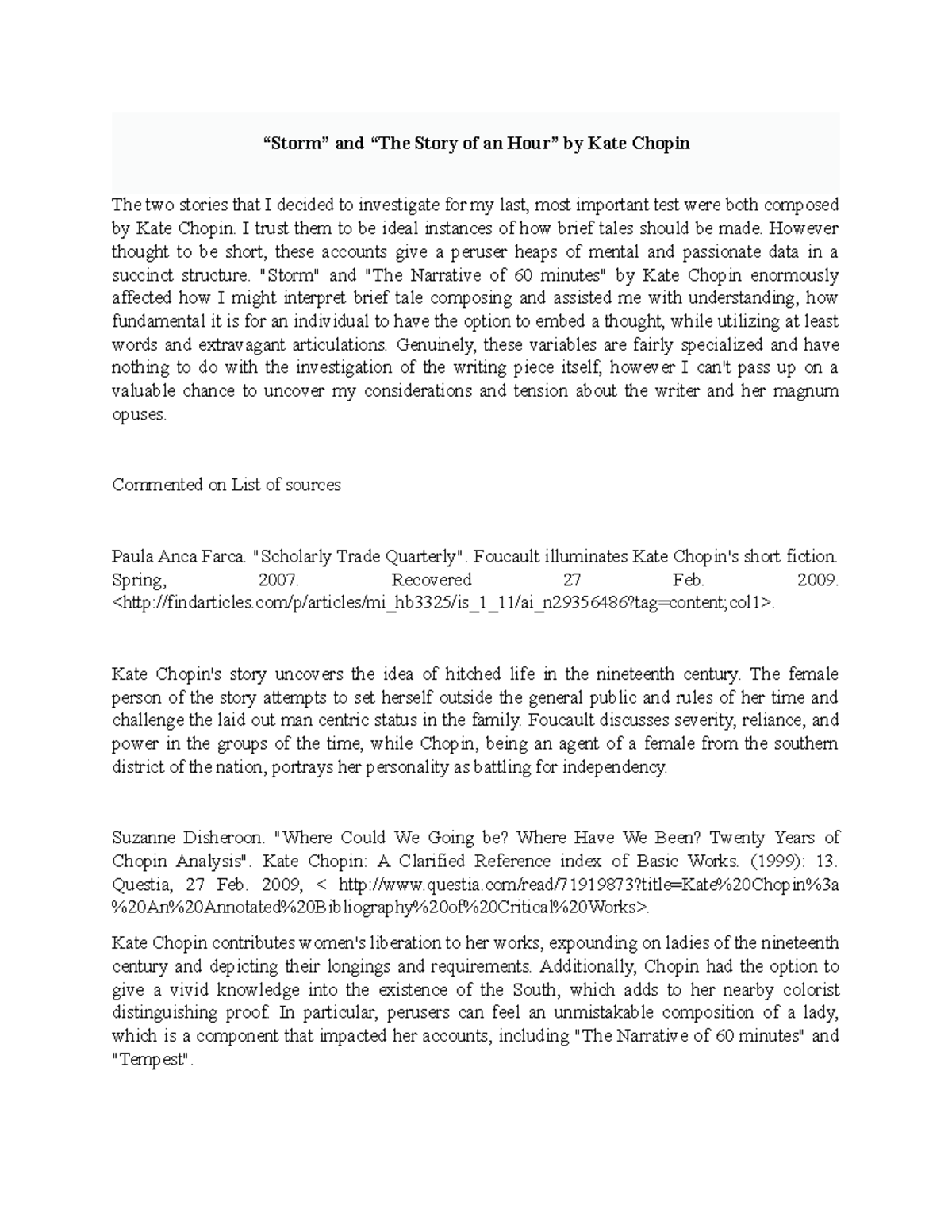 Storm - research - “Storm” and “The Story of an Hour” by Kate Chopin ...