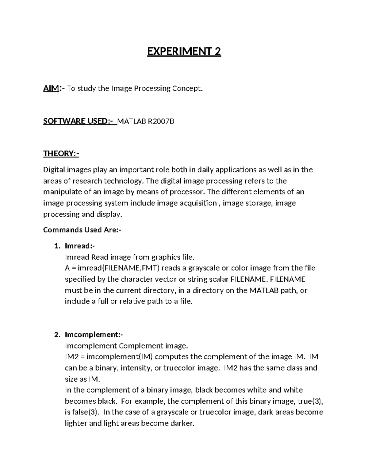 EXP2 dip - EXPERIMENT 2 AIM:- To study the Image Processing Concept. SOFTWARE USED:- MATLAB ...