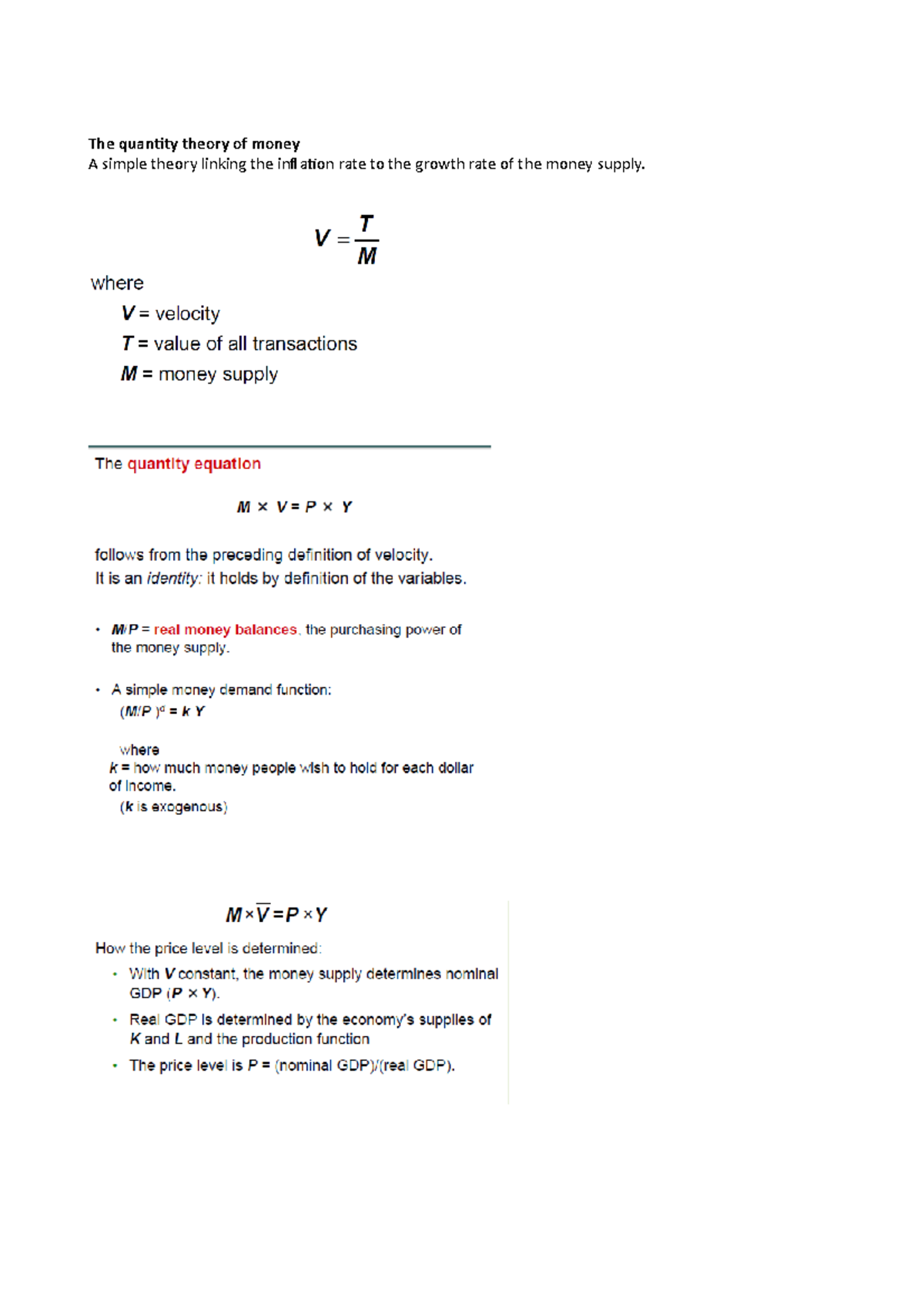 Chapter 5+6 macro week 13 - The quantity theory of money A simple ...