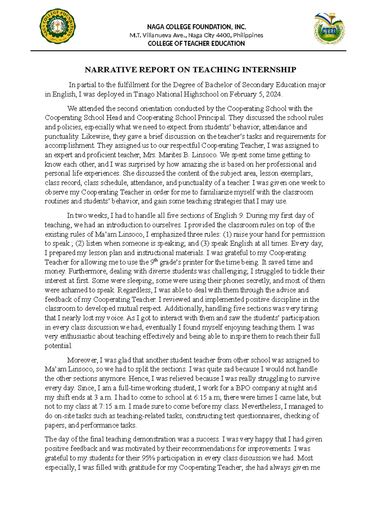 Narrative Report ON Teaching Internship - NAGA COLLEGE FOUNDATION, INC ...
