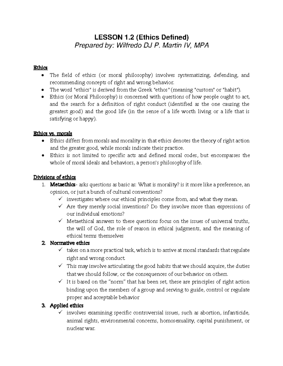 Lesson 1.2 Ethics Defined - LESSON 1 (Ethics Defined) Prepared by ...