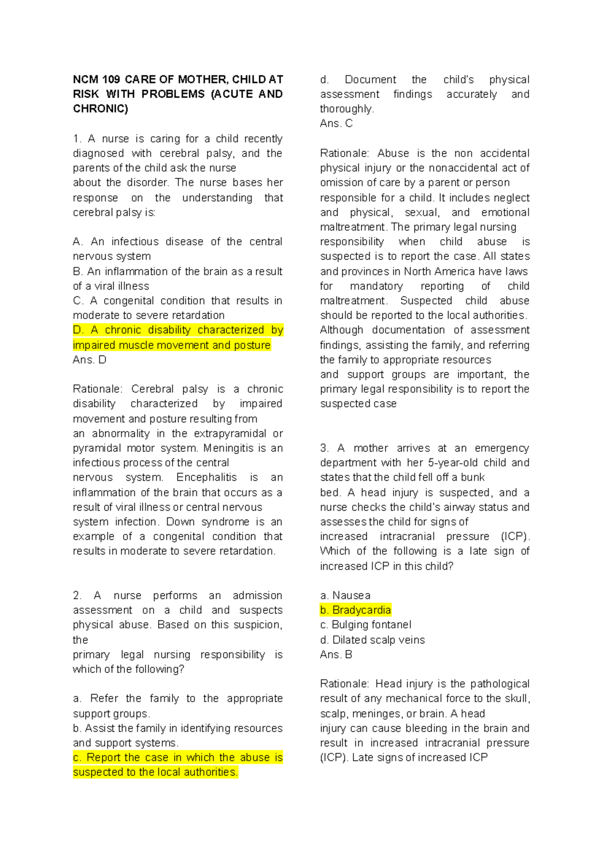 NCM 109 CARE OF Mother, Child AT RISK WITH Problems ( Acute AND Chronic) - NCM 109 CARE OF ...