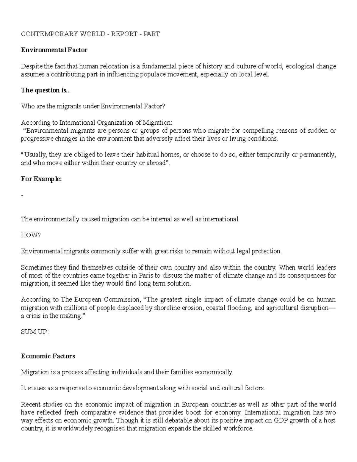 Report Contempo - CONTEMPORARY WORLD - REPORT - PART Environmental ...