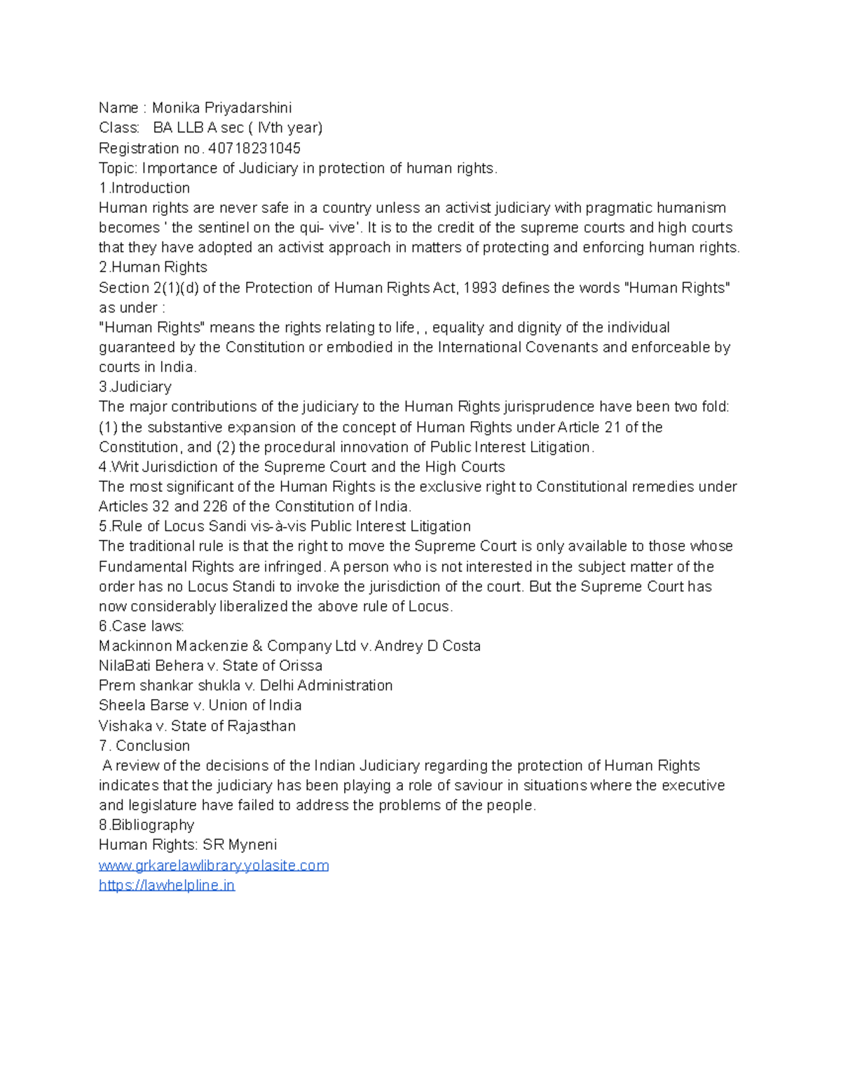 Human Rights - Notes - Name : Monika Priyadarshini Class: BA LLB A sec ...