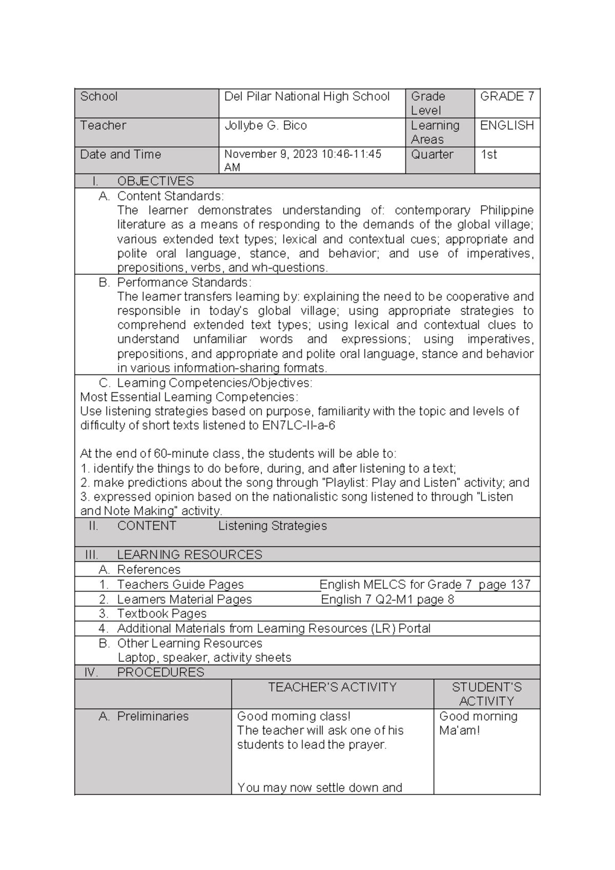 Lesson Plan CO 2 - School Del Pilar National High School Grade Level ...