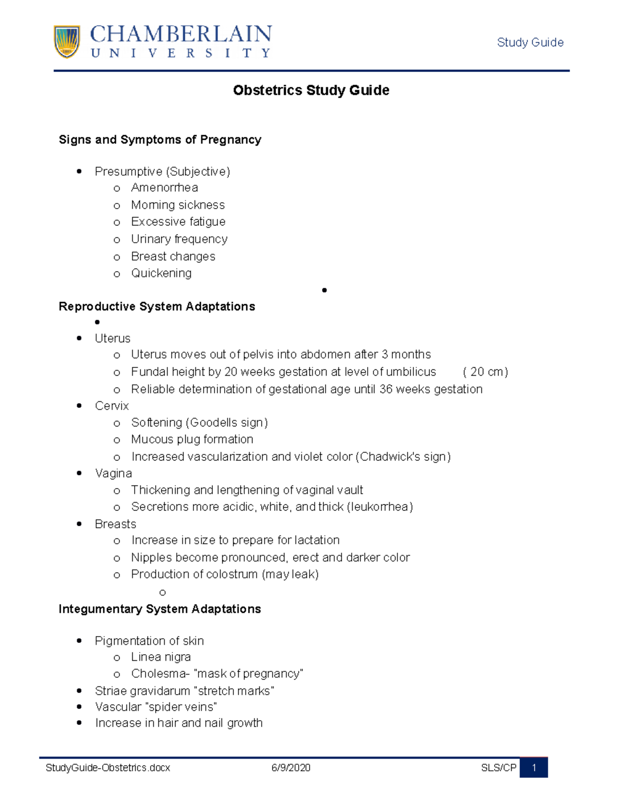 Study Guide-Obstetrics - Obstetrics Study Guide Signs and Symptoms of ...