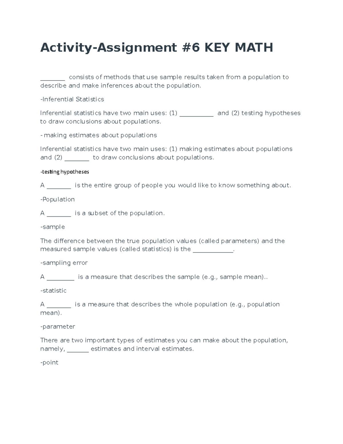 Activity Assignment No.6 Key - KEY MATH consists of methods that use ...