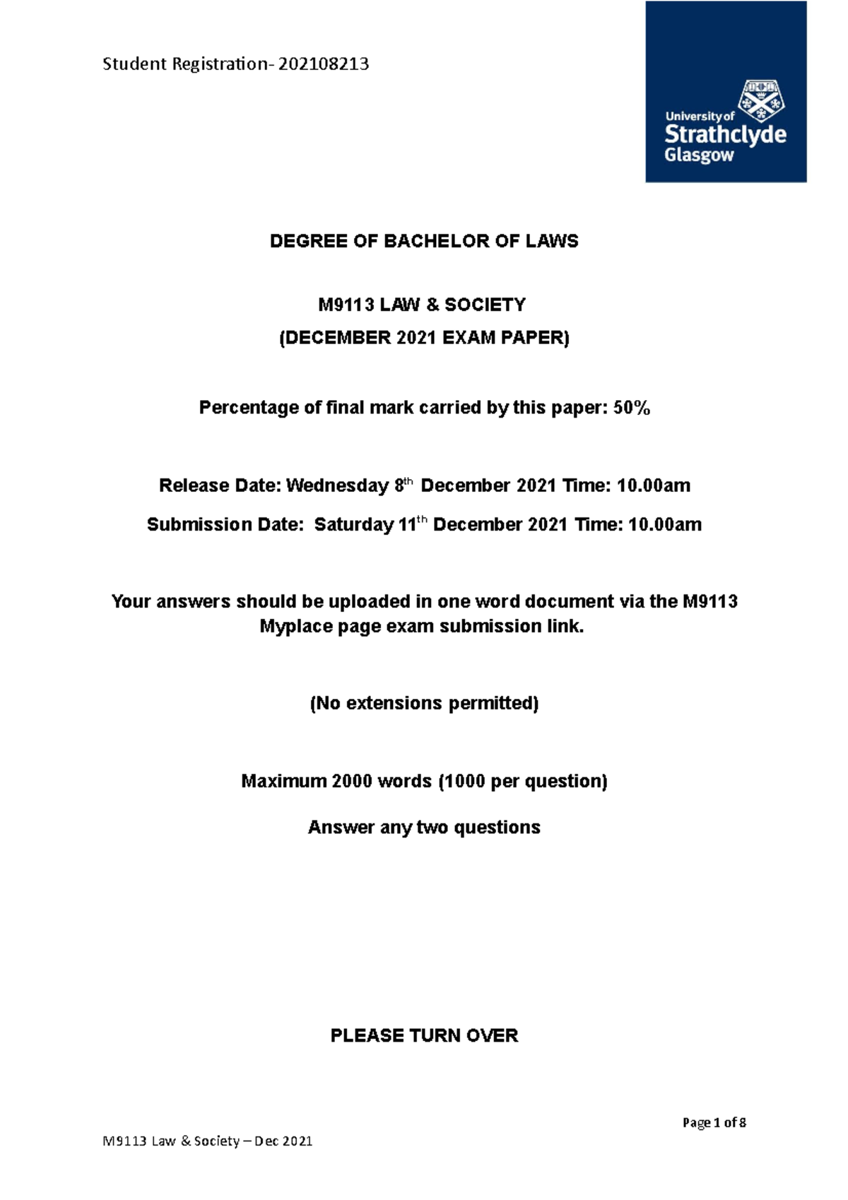 M9113 LAW Society Final EXAM Paper DEC 2021 - DEGREE OF BACHELOR OF ...