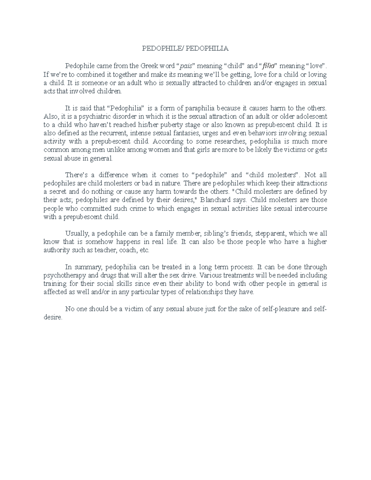 ( Pedophile) - Assignment - PEDOPHILE/ PEDOPHILIA Pedophile came from ...