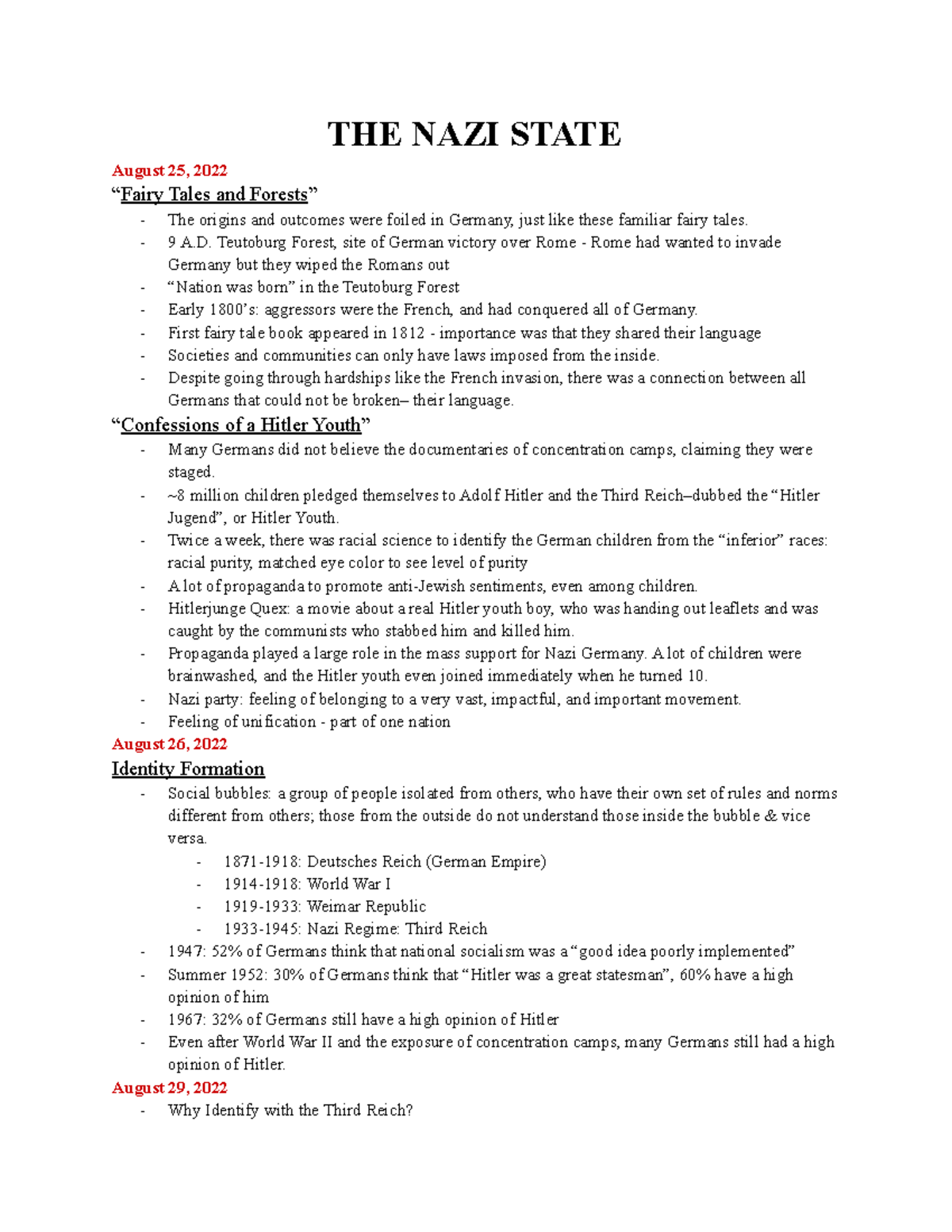 GERM 241N Compiled Notes - THE NAZI STATE August 25, 2022 “Fairy Tales ...