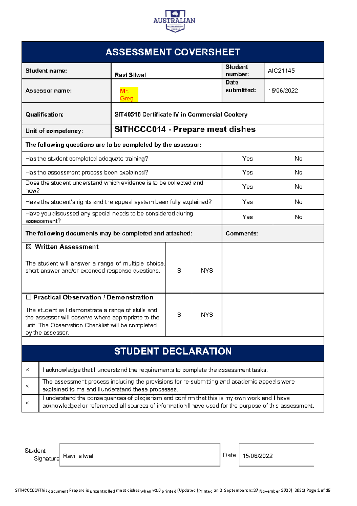 Sithccc 014 Written Assessment.pdf - ASSESSMENT COVERSHEET Student name ...