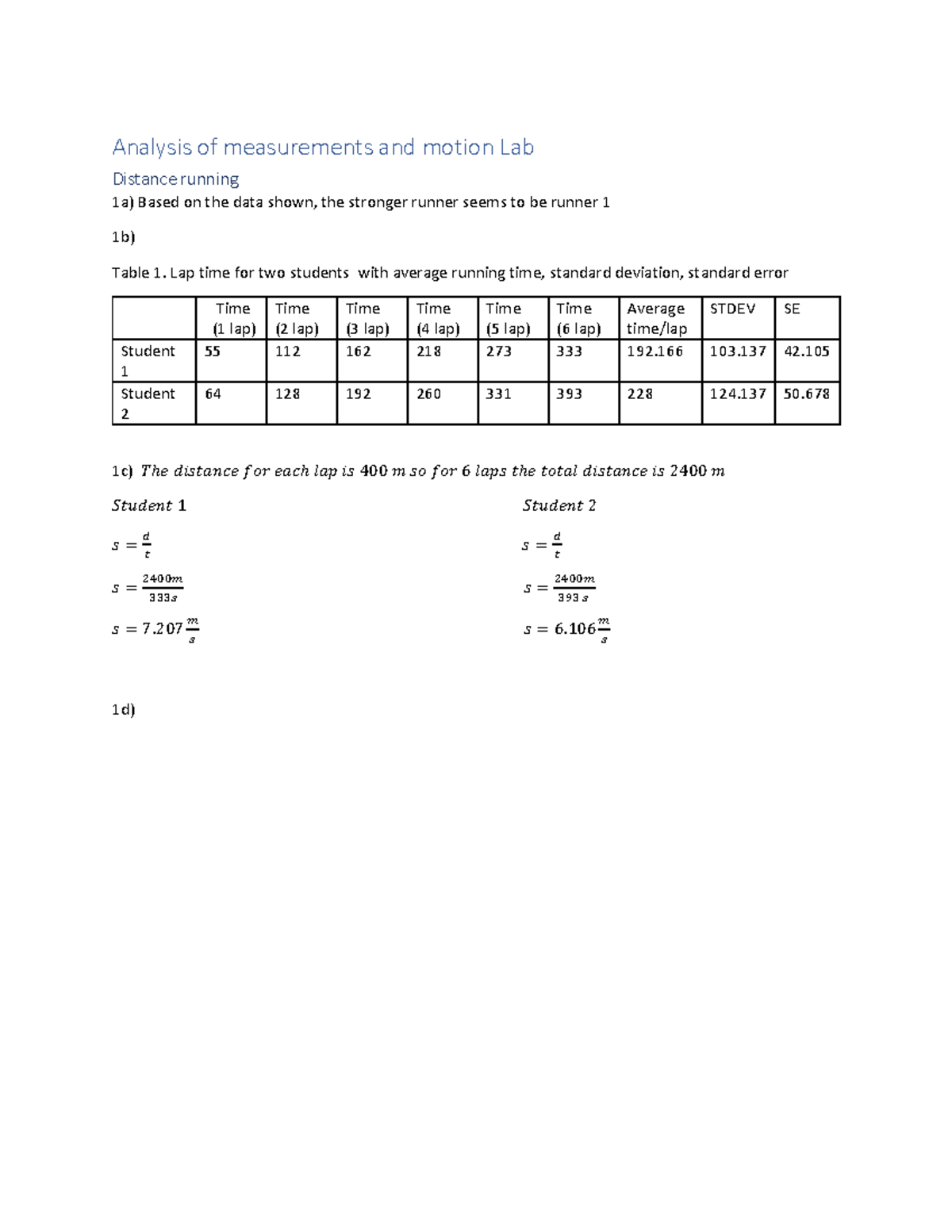 Analysis of Measurment and motion lab report - Analysis of measurements ...