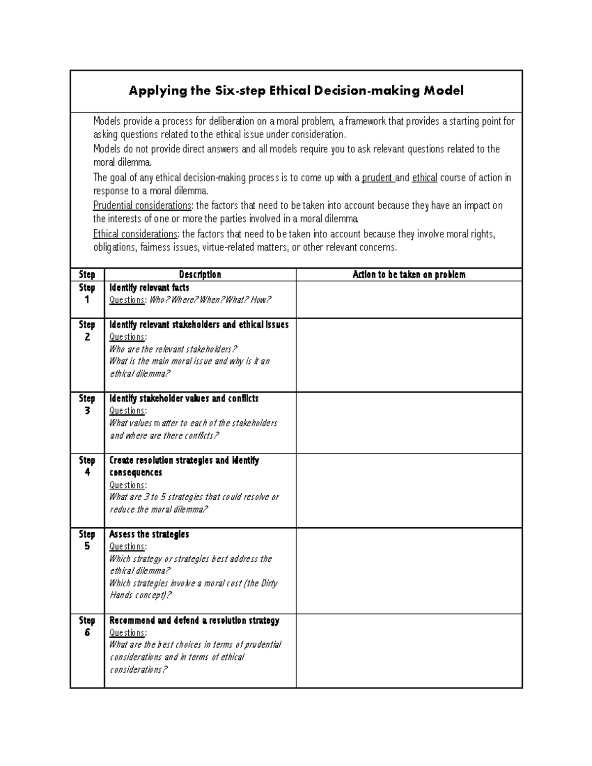 Applying the Six-step Ethical Decision-making Model - • Models do not ...