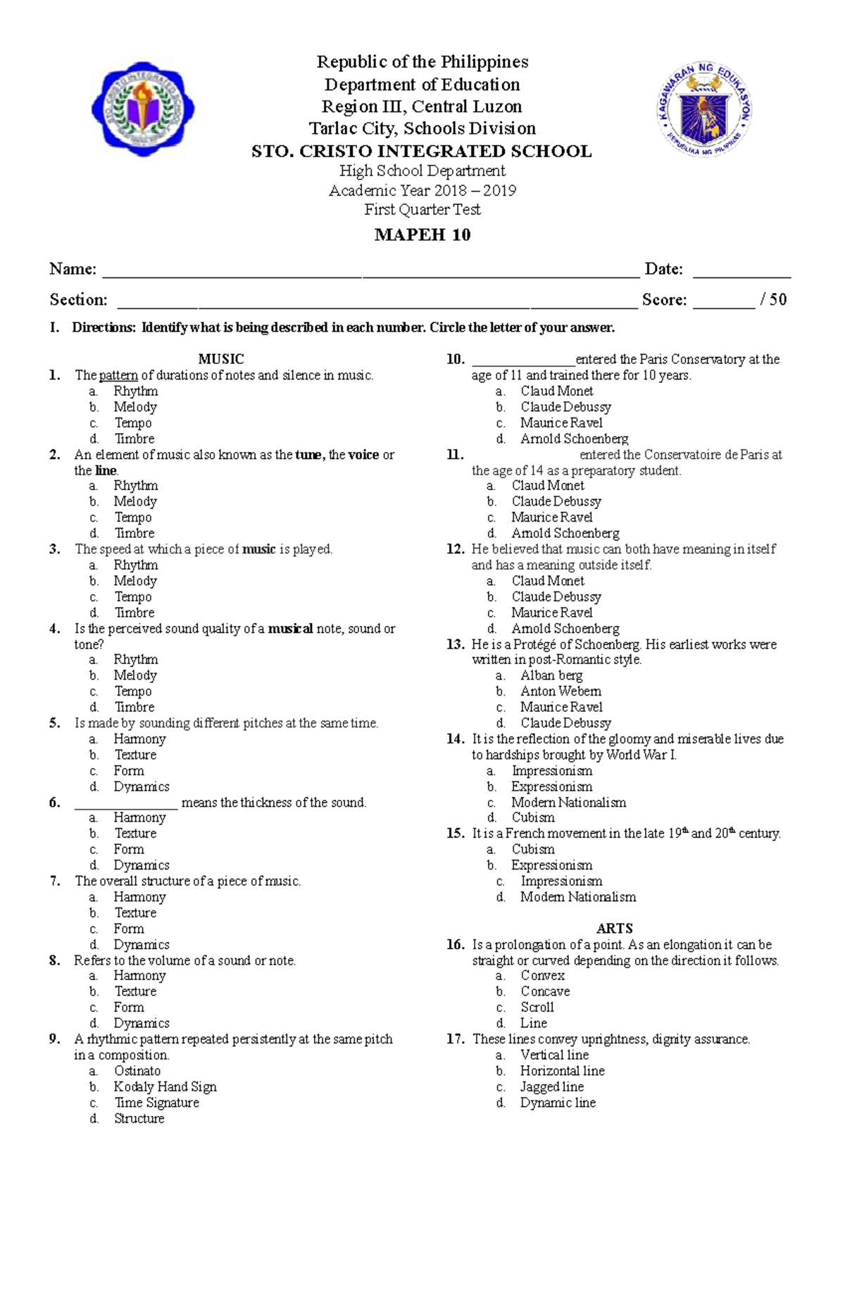 G10-1ST Quarter EXAM - JHS- Grade 10 Q1-Test - Republic of the ...