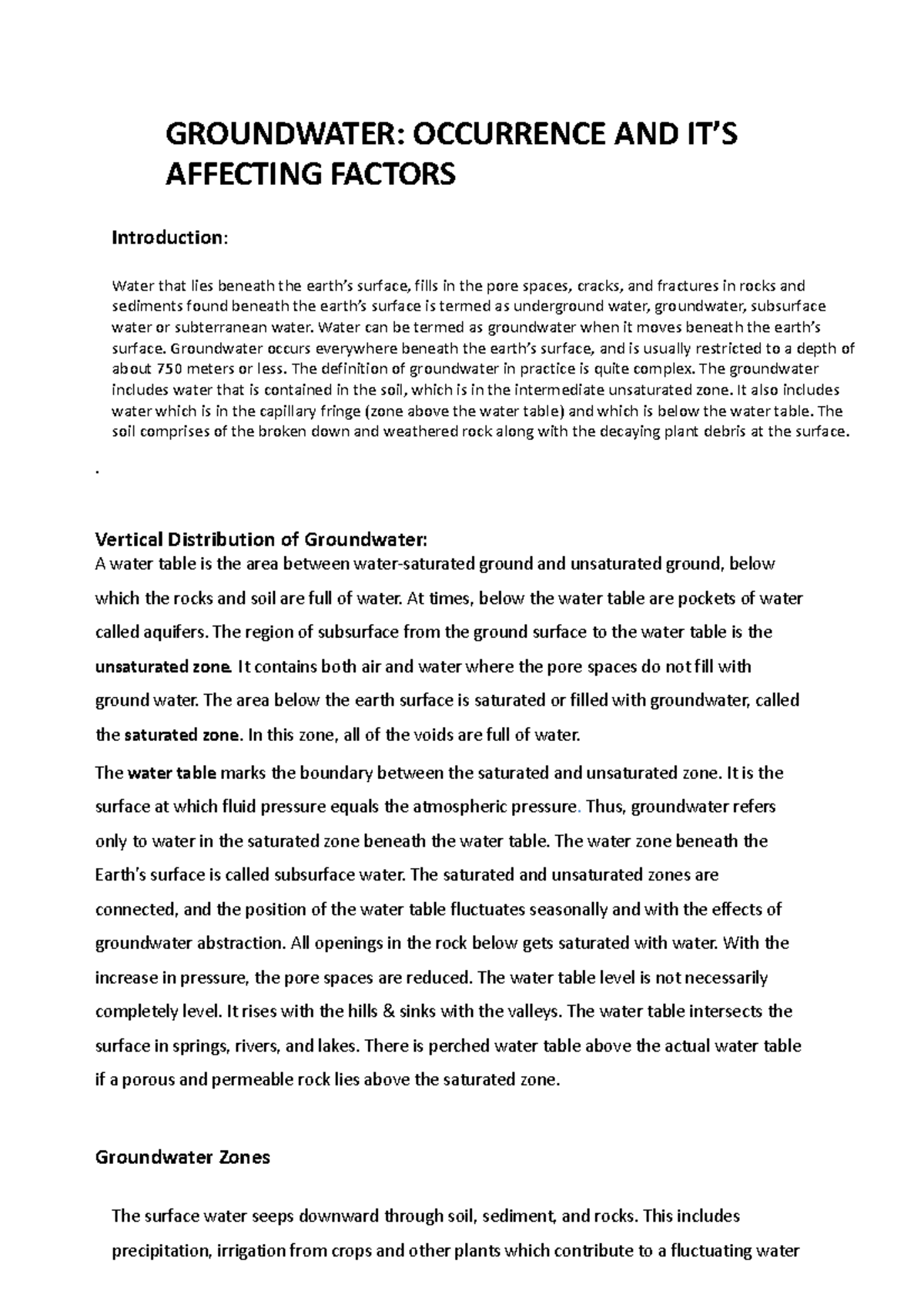 Final hydrology - GROUNDWATER: OCCURRENCE AND IT’S AFFECTING FACTORS ...