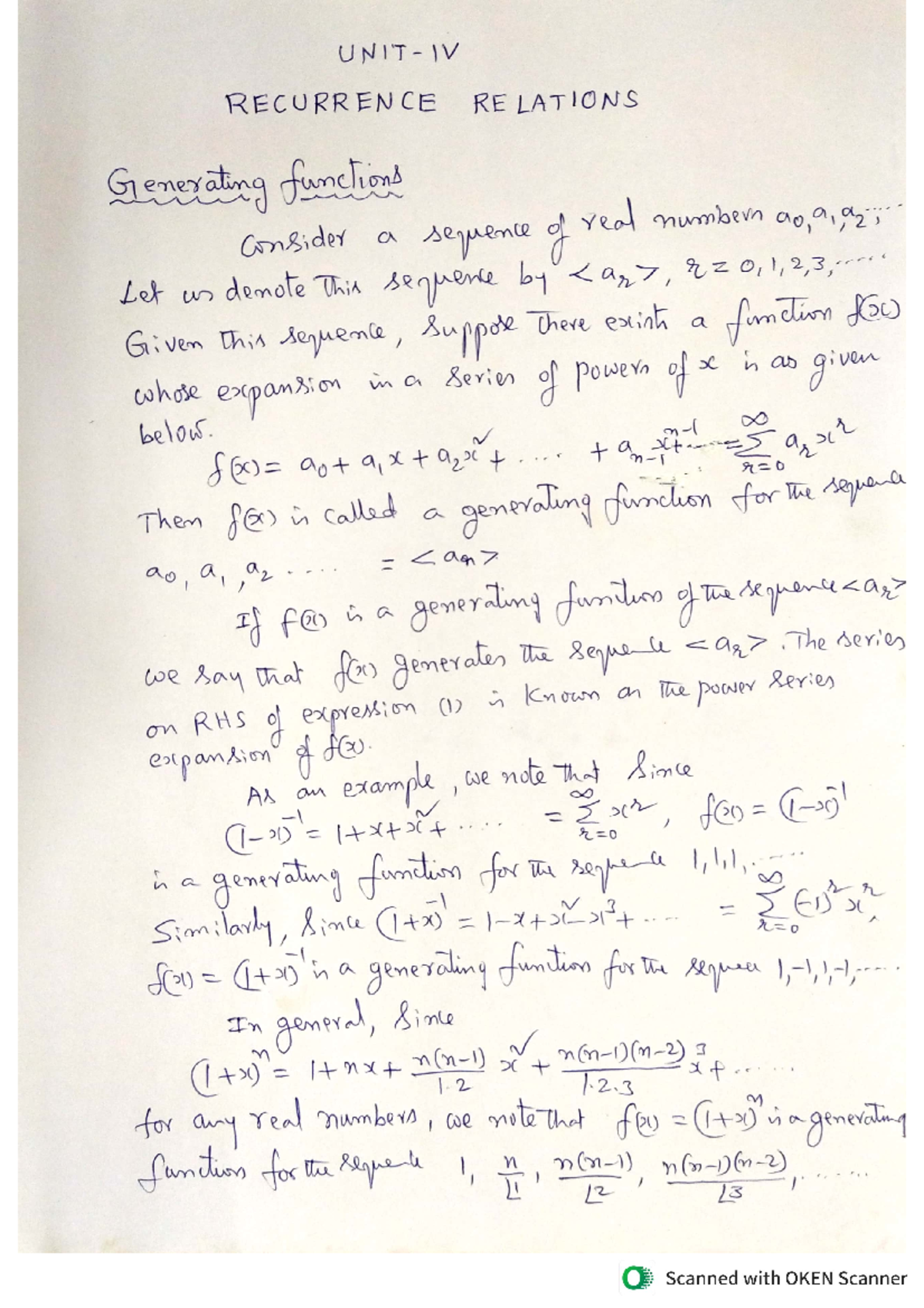 Unit 3 recurrence relation - RECURRENCE RELATIONS Generating functions ...