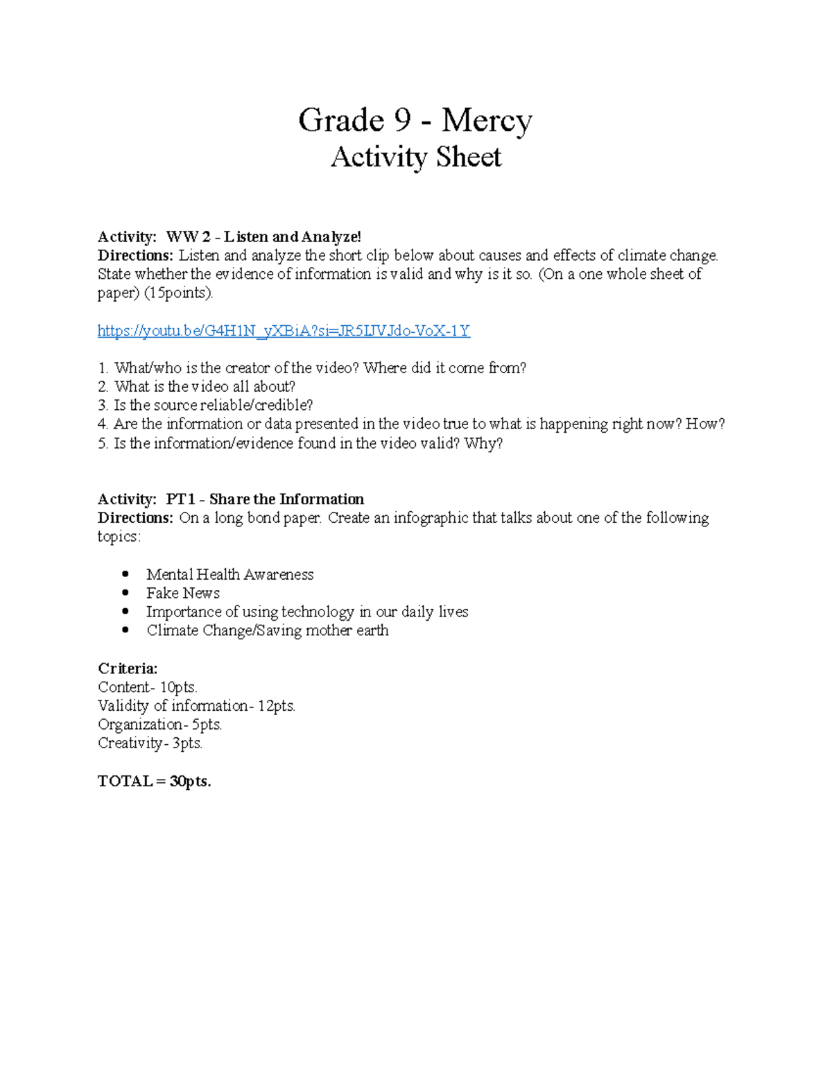 Grade 9 - Mercy (Activity Sheet) - Grade 9 - Mercy Activity Sheet ...