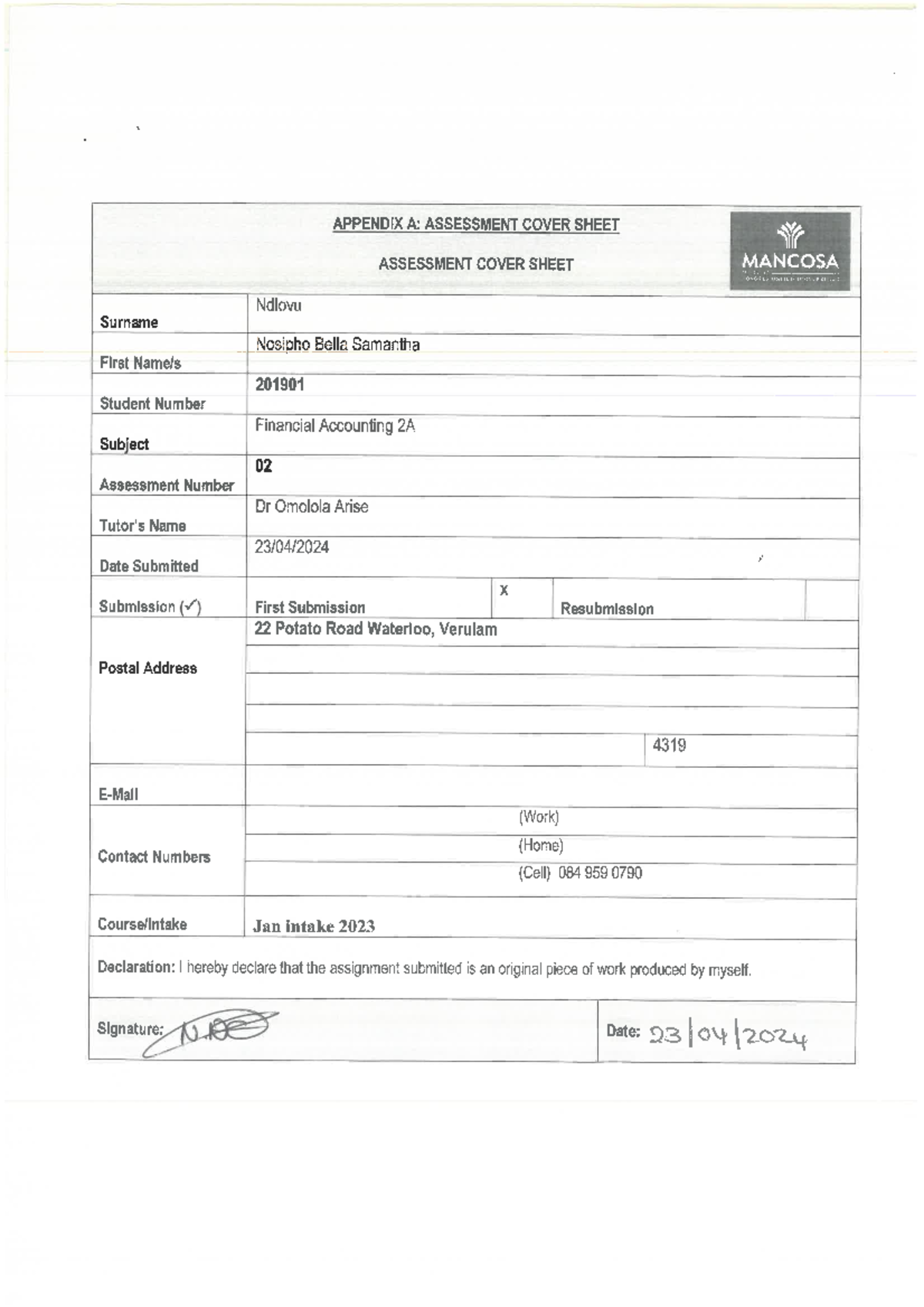financial Accounting 2A case study - APPENDIX A: ASSESSMENT COVER SHEET ...