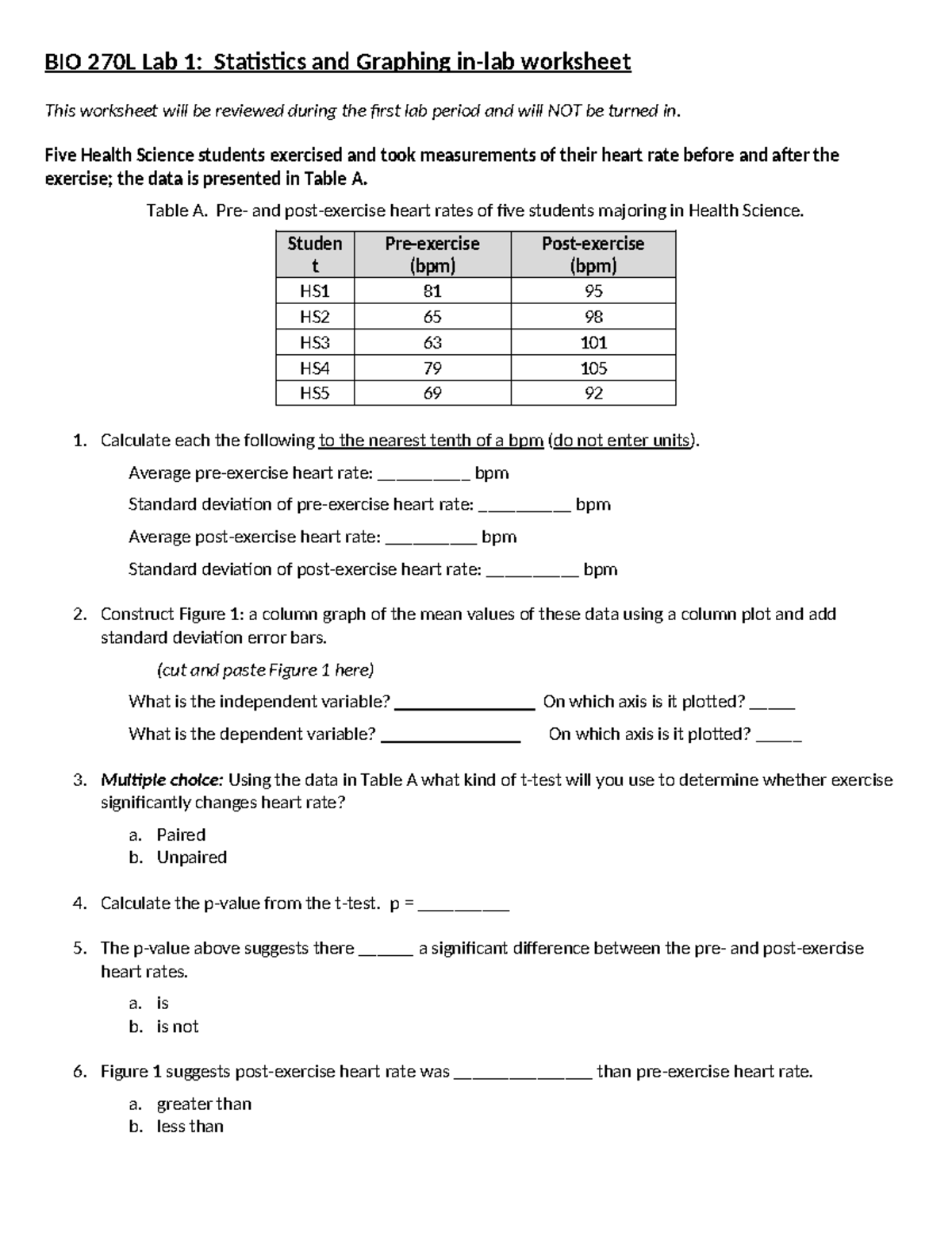 Lab 1 Statistics And Graphing In Lab Worksheet Bio 270l Lab 1
