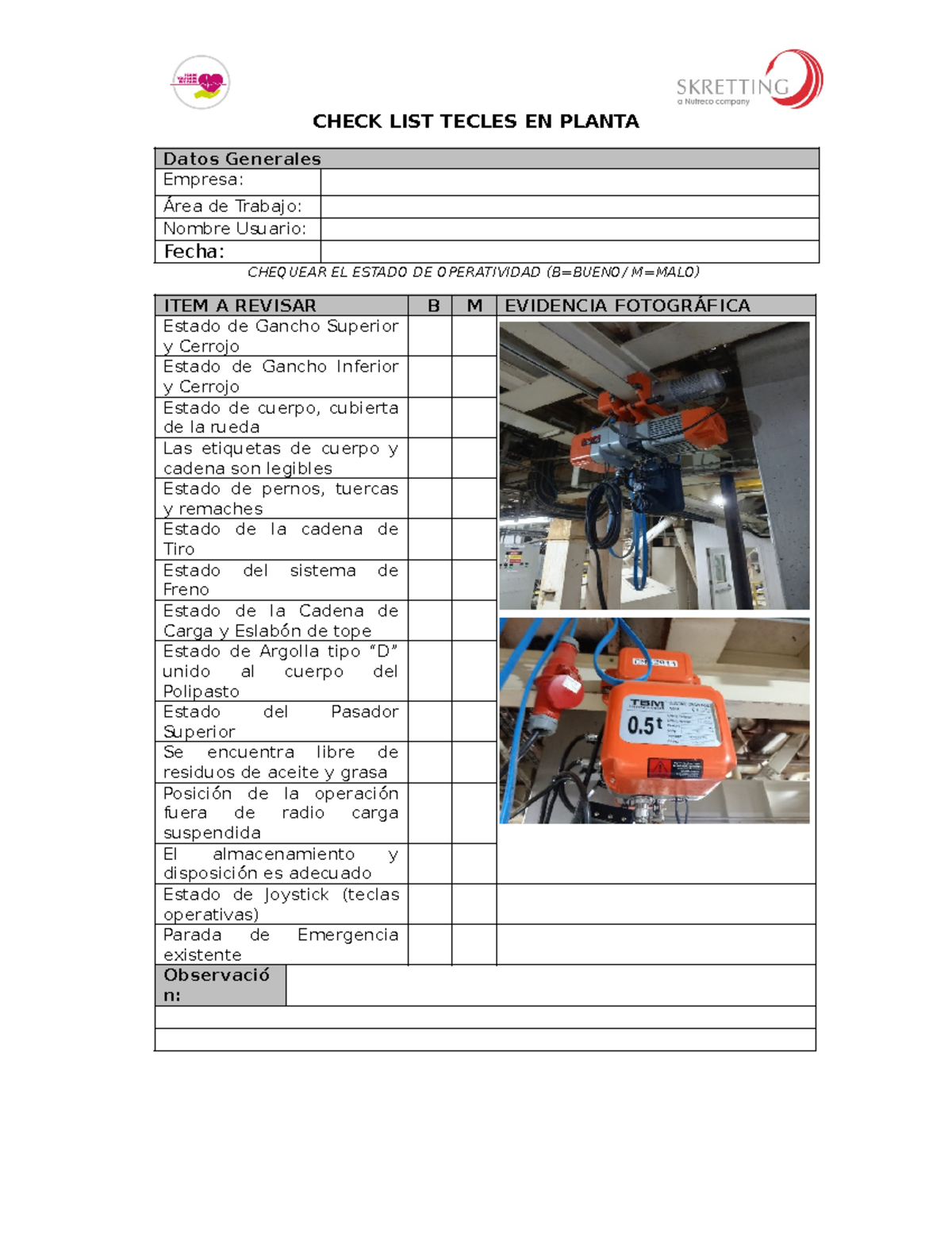 Check List Tecles en Planta - CHECK LIST TECLES EN PLANTA Datos Generales Empresa: Área de ...