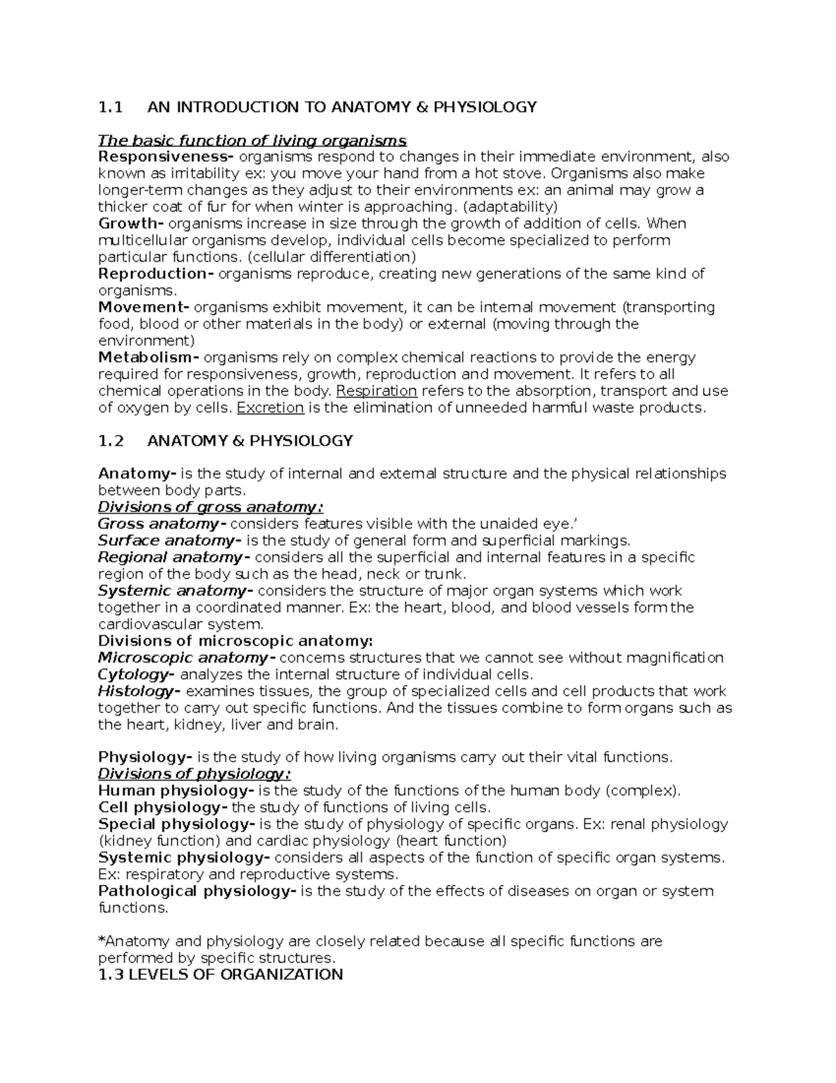 introduction to anatomy and physiology chapter 1 - ANAT 1005 - Fanshawe ...