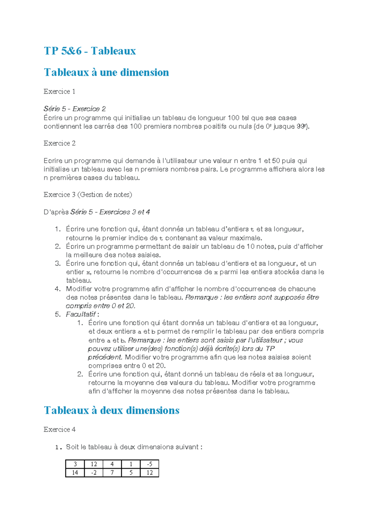 Travaux Pratique 5 6 - Programmation en C - TP 5&6 - Tableaux Tableaux ...