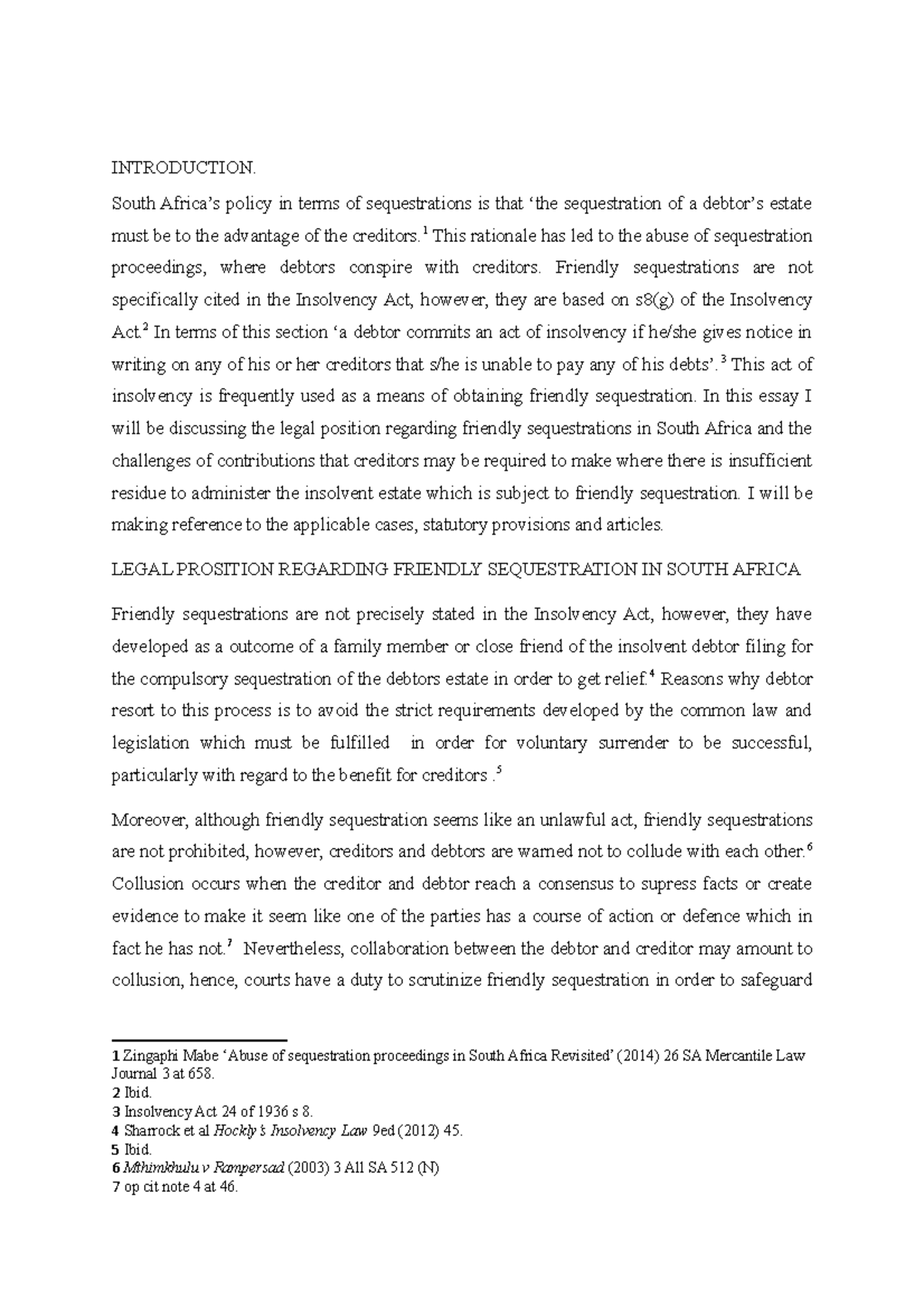 Insolvency -Friendly Sequestration - INTRODUCTION. South Africa’s ...