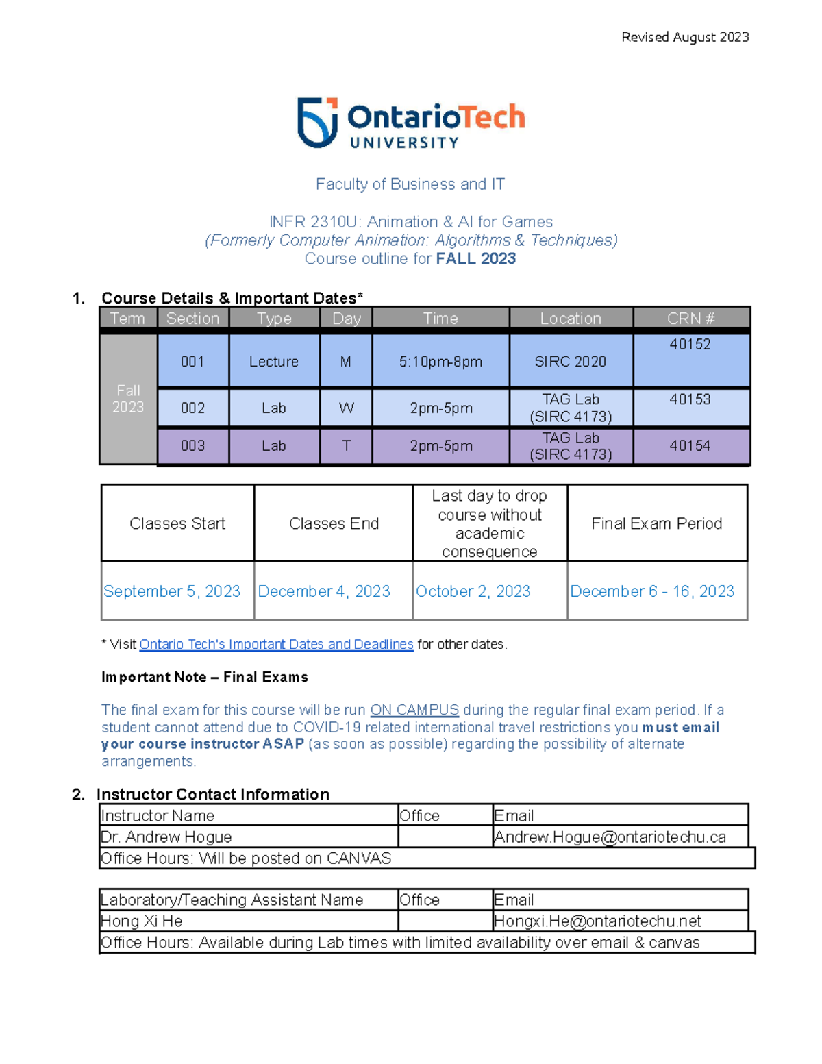 INFR 2310U - Computer Animation Algor Techn. - Andrew Hogue - Fall 2023 ...