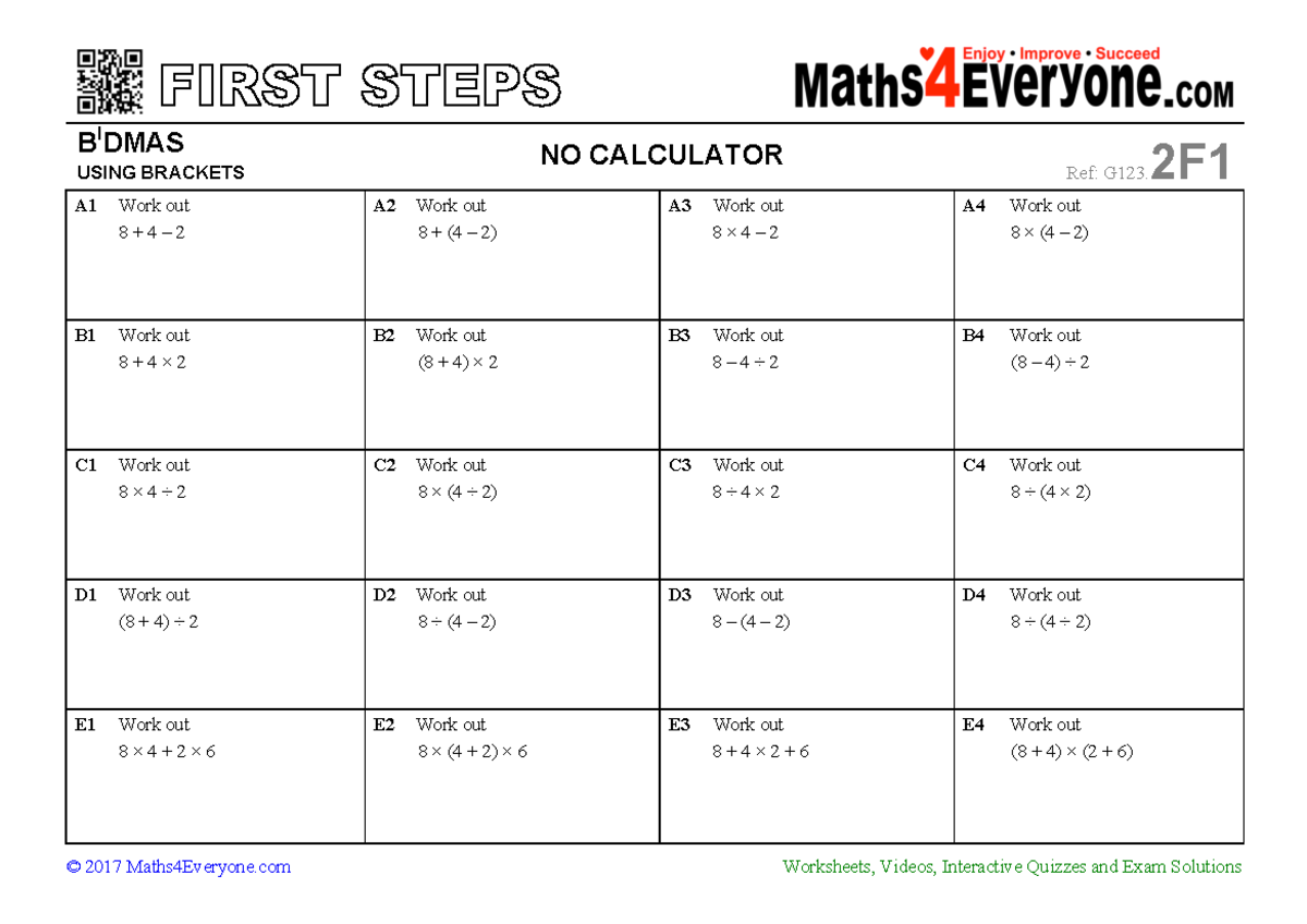 SR bidmas brackets - Worksheet - B I DMAS USING BRACKETS NO CALCULATOR ...