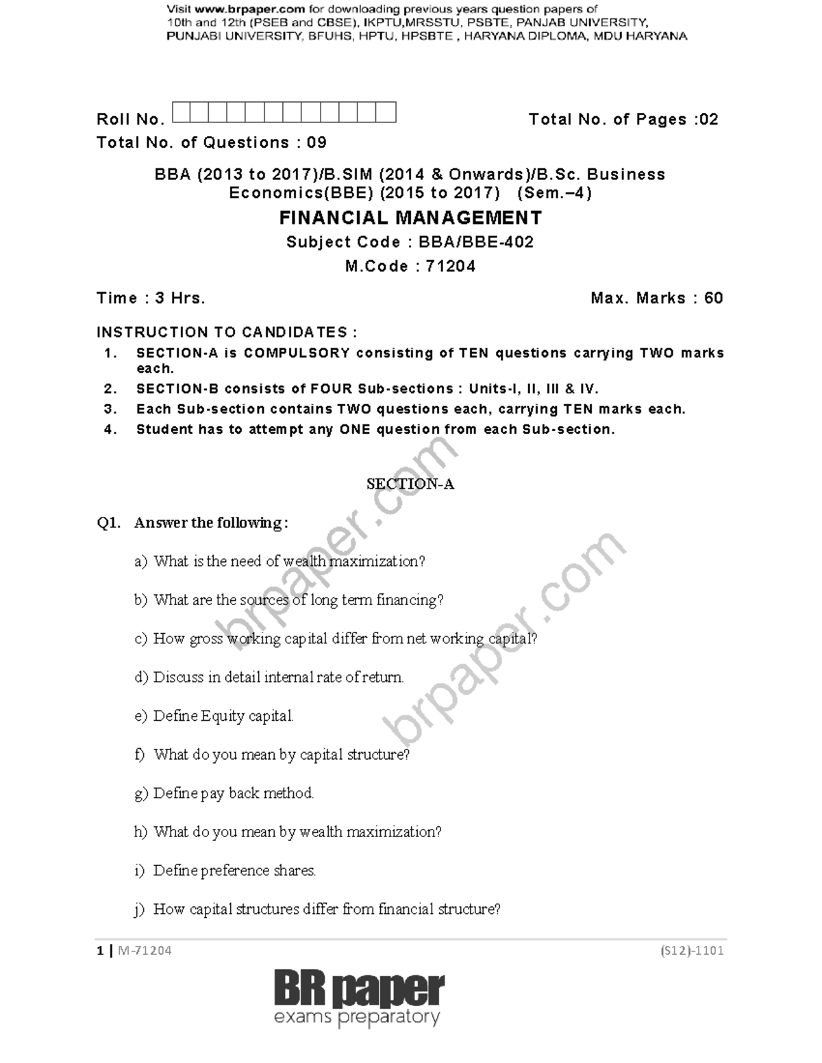FM(4th)May2019 - give it a read - 1 | M-71204 (S12)- Roll No. Total No. of Pages : Total No. of ...